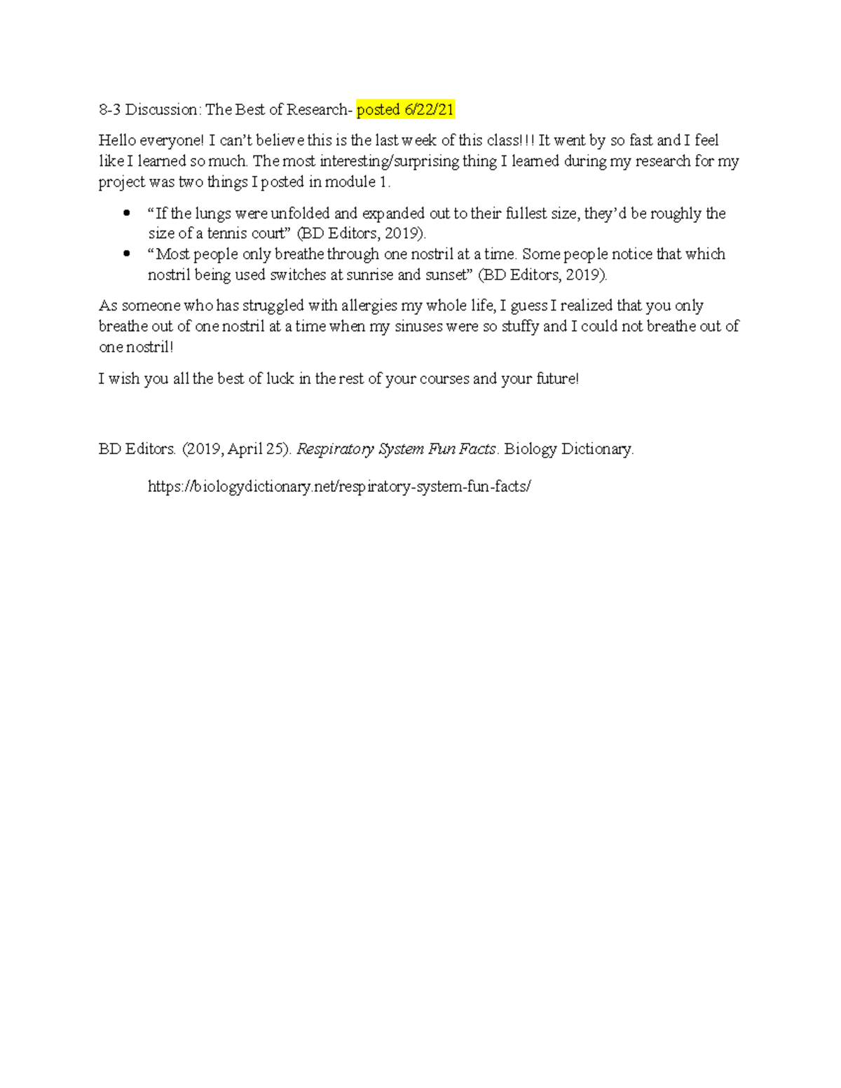 Week 8 - This was my discussion post for week 8 of the course - BIO210 ...