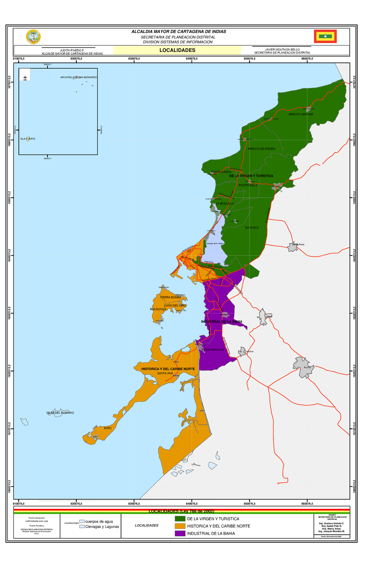 Mapa de localidades de Cartagena Colombia con cuerpos de agua y ...