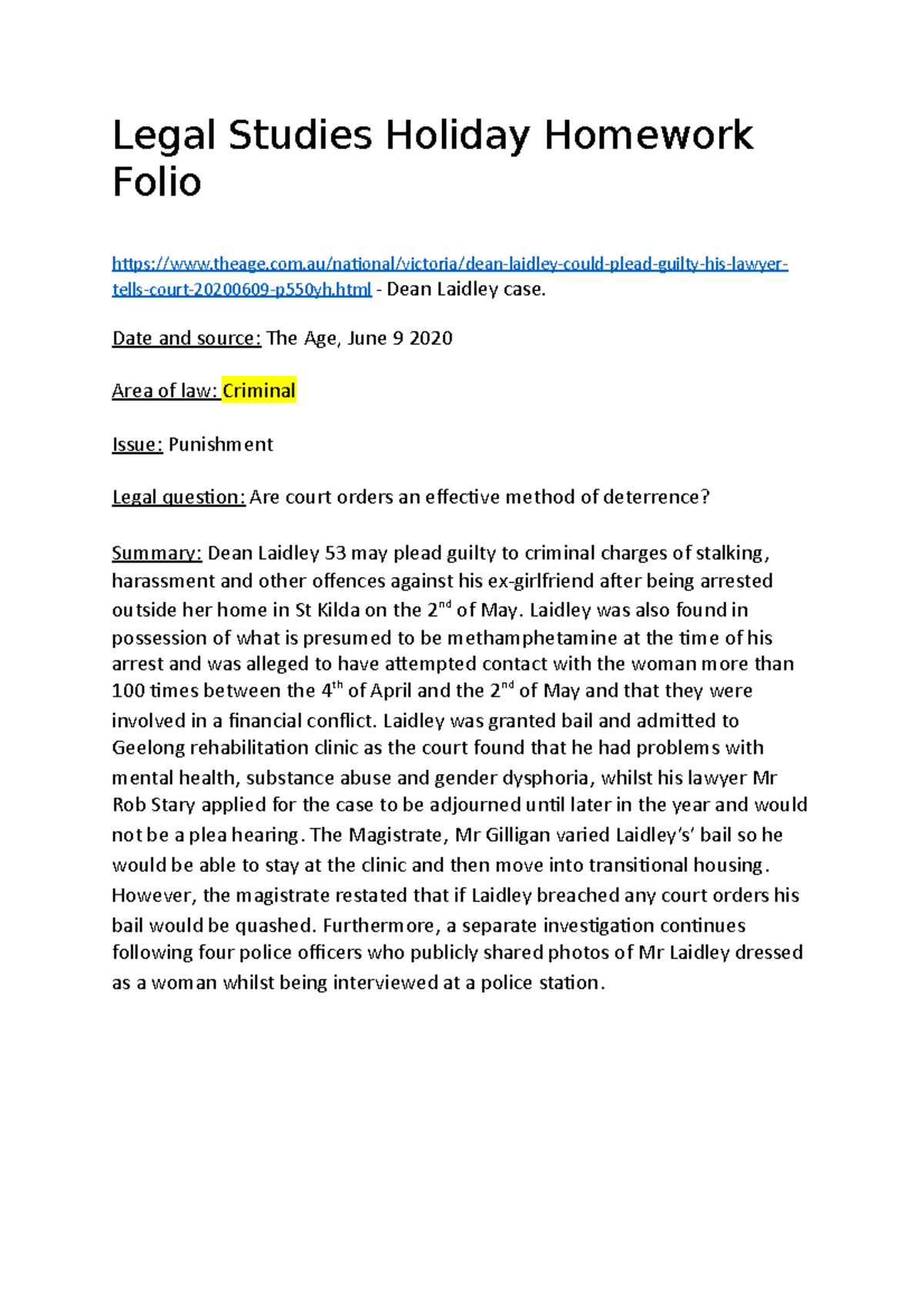 Legal Studies Holiday Homework Folio 2021 - Legal Studies Holiday ...