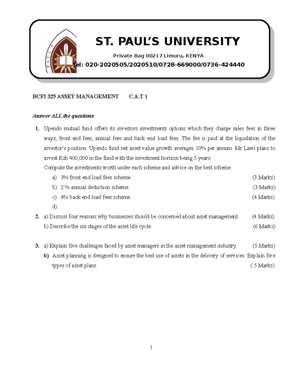 BCFI CAT 1 - value of bonds - BCFI 325 ASSET MANAGEMENT C.A 1 Answer ...