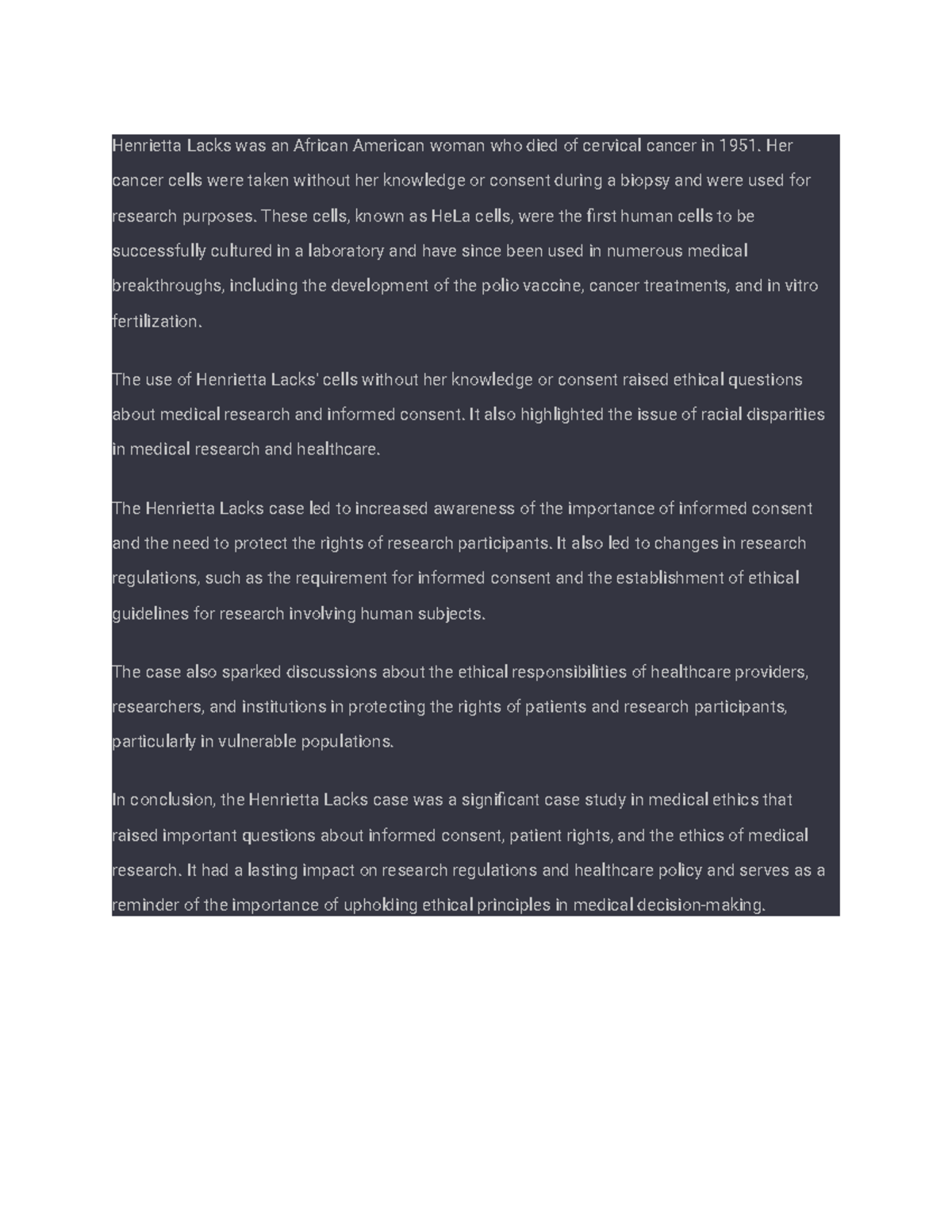 Case Study The Henrietta Lacks Case - Henrietta Lacks was an African ...