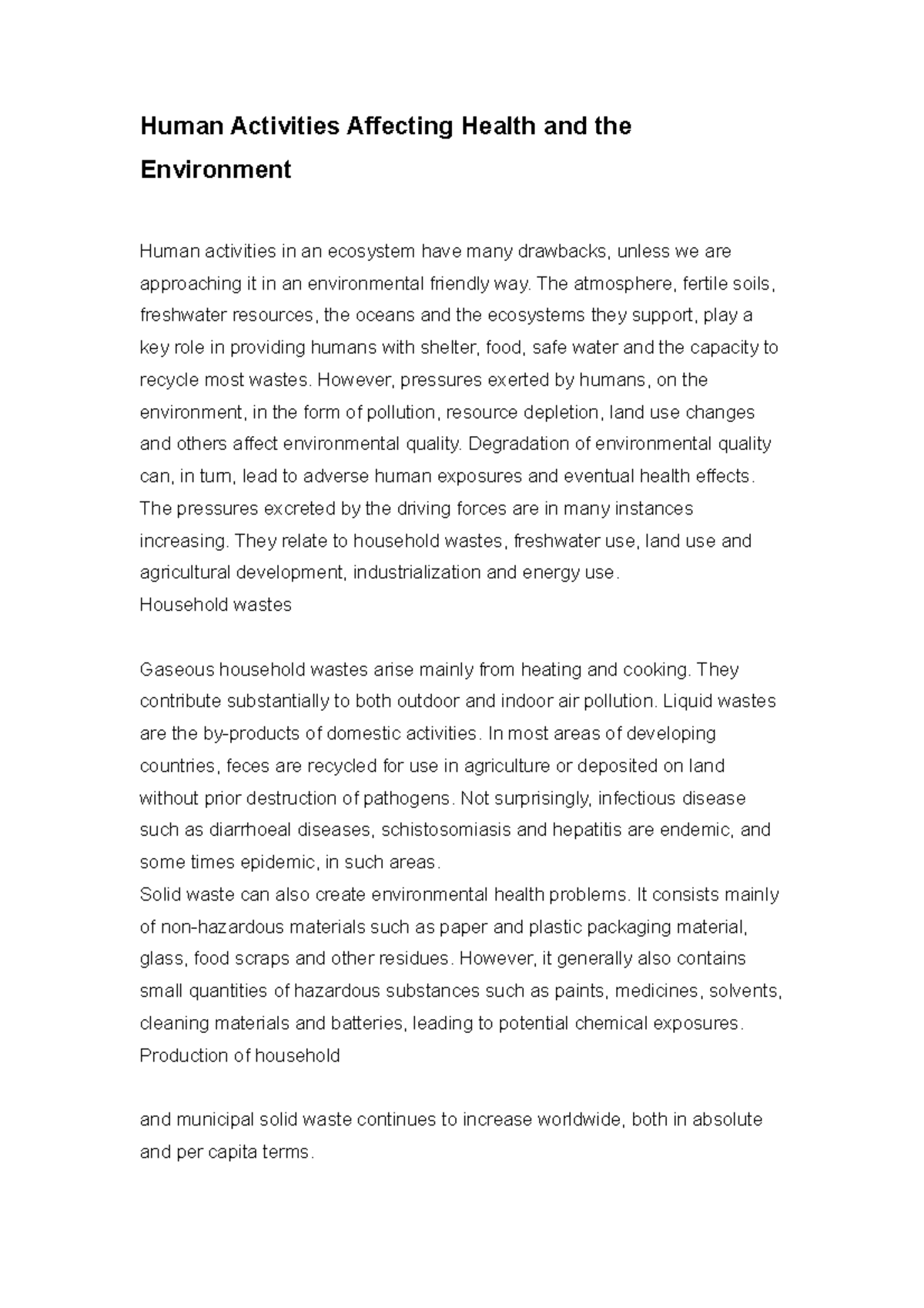 Human Activities Affecting Health and the Environment - Human ...