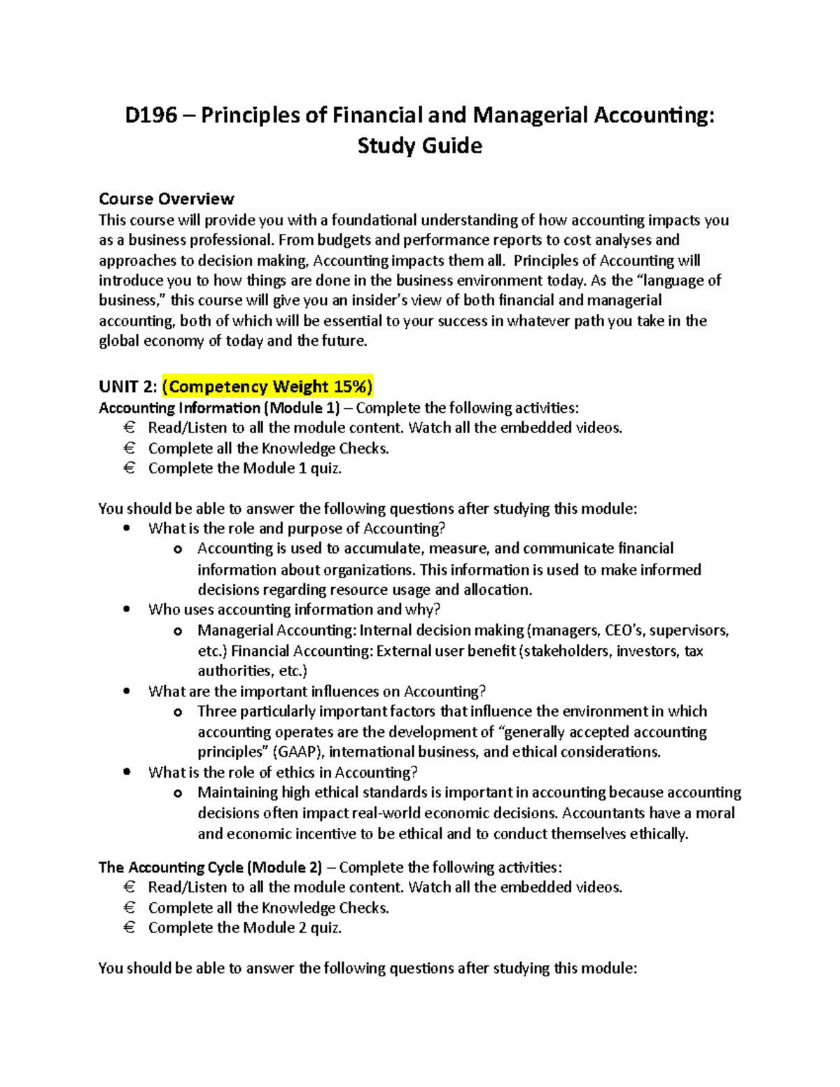 D196 Study Guide - D196 – Principles of Financial and Managerial ...