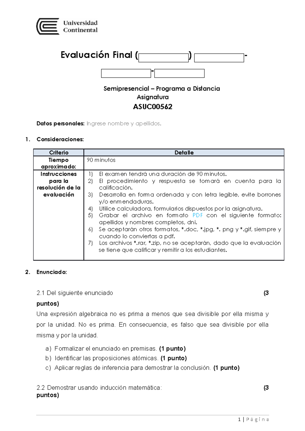 Examen Final Discreta - Evaluación Final ( ) - Semipresencial – Programa a Distancia Asignatura ...