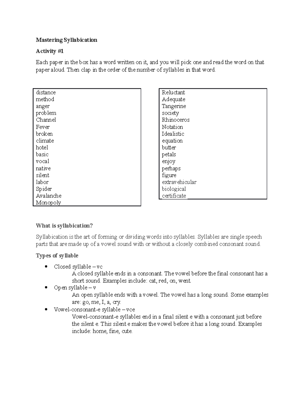 Mastering-Syllabication - Mastering Syllabication Activity # Each paper ...