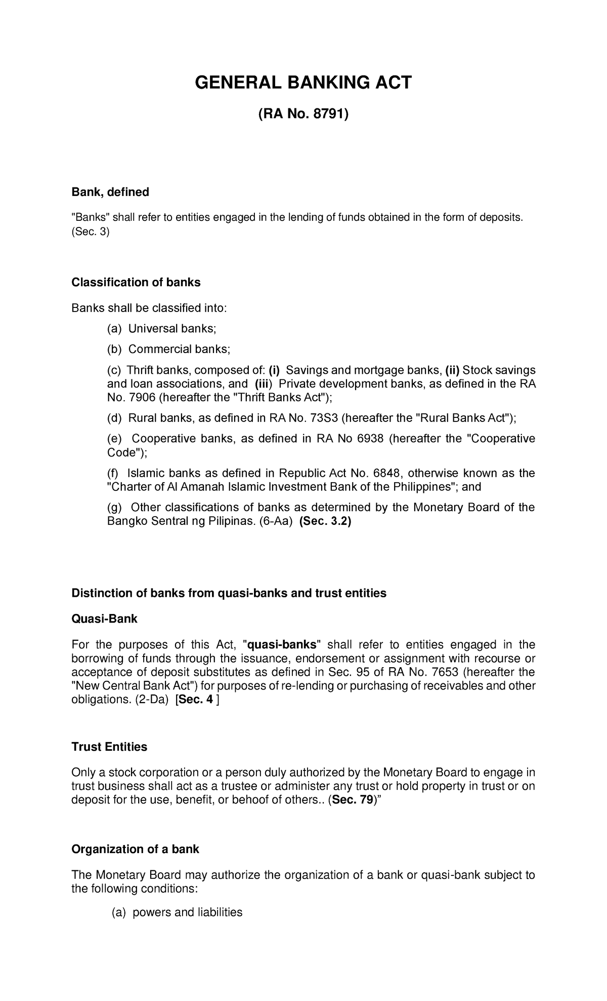 General Banking ACT-1-2 - GENERAL BANKING ACT (RA No. 8791) Bank ...