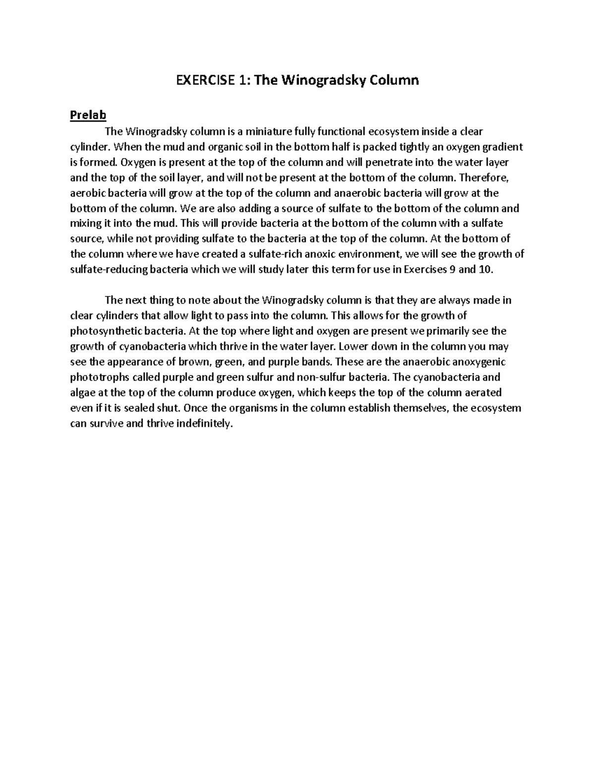 Exercise 1 - Introduction - EXERCISE 1: The Winogradsky Column Prelab ...