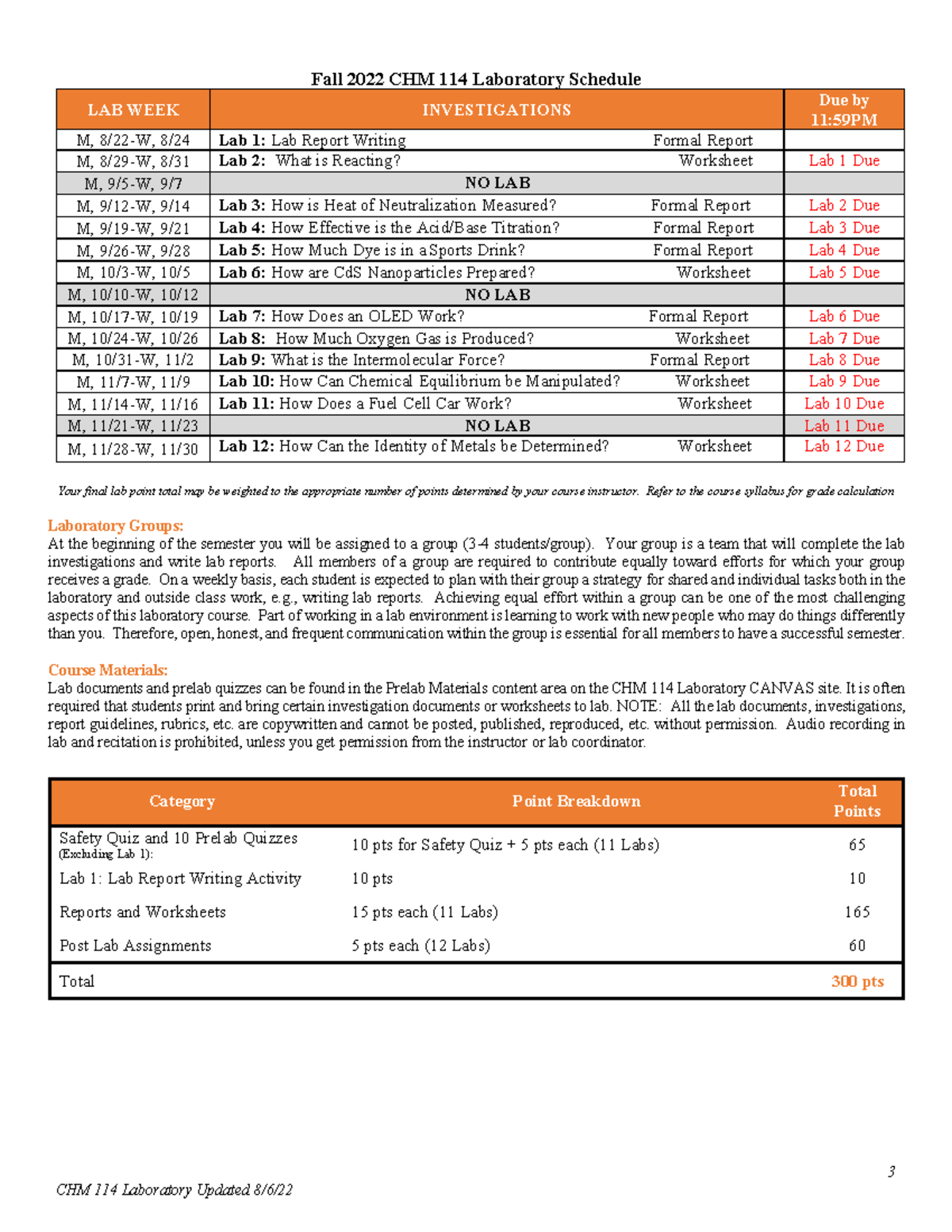 Syllabus 3 - 3 CHM 114 Laboratory Updated 8/6/ Fall 2022 CHM 114 ...