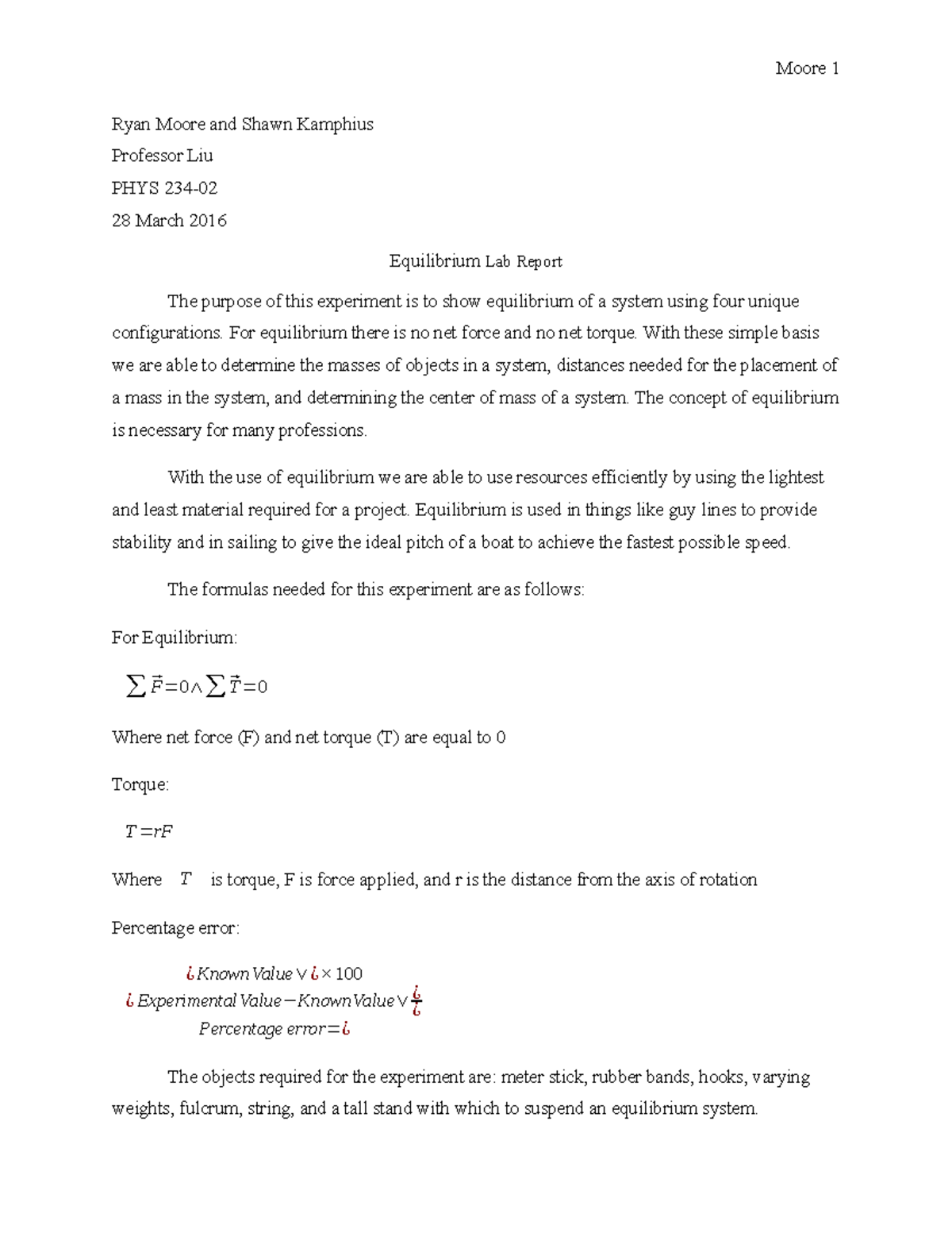 PHYS 234 Lab Report 7 Equilibrium - Ryan Moore and Shawn Kamphius ...
