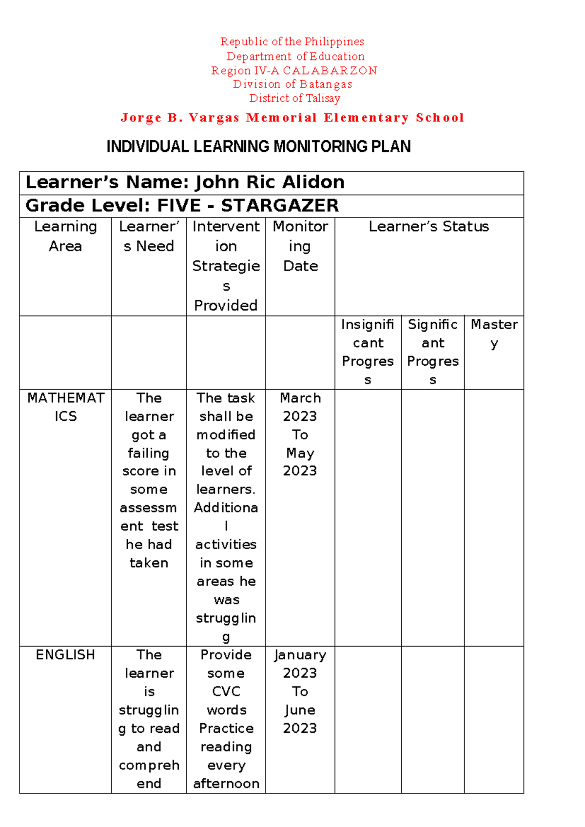 Individual Learning Monitoring Plan - Republic of the Philippines ...