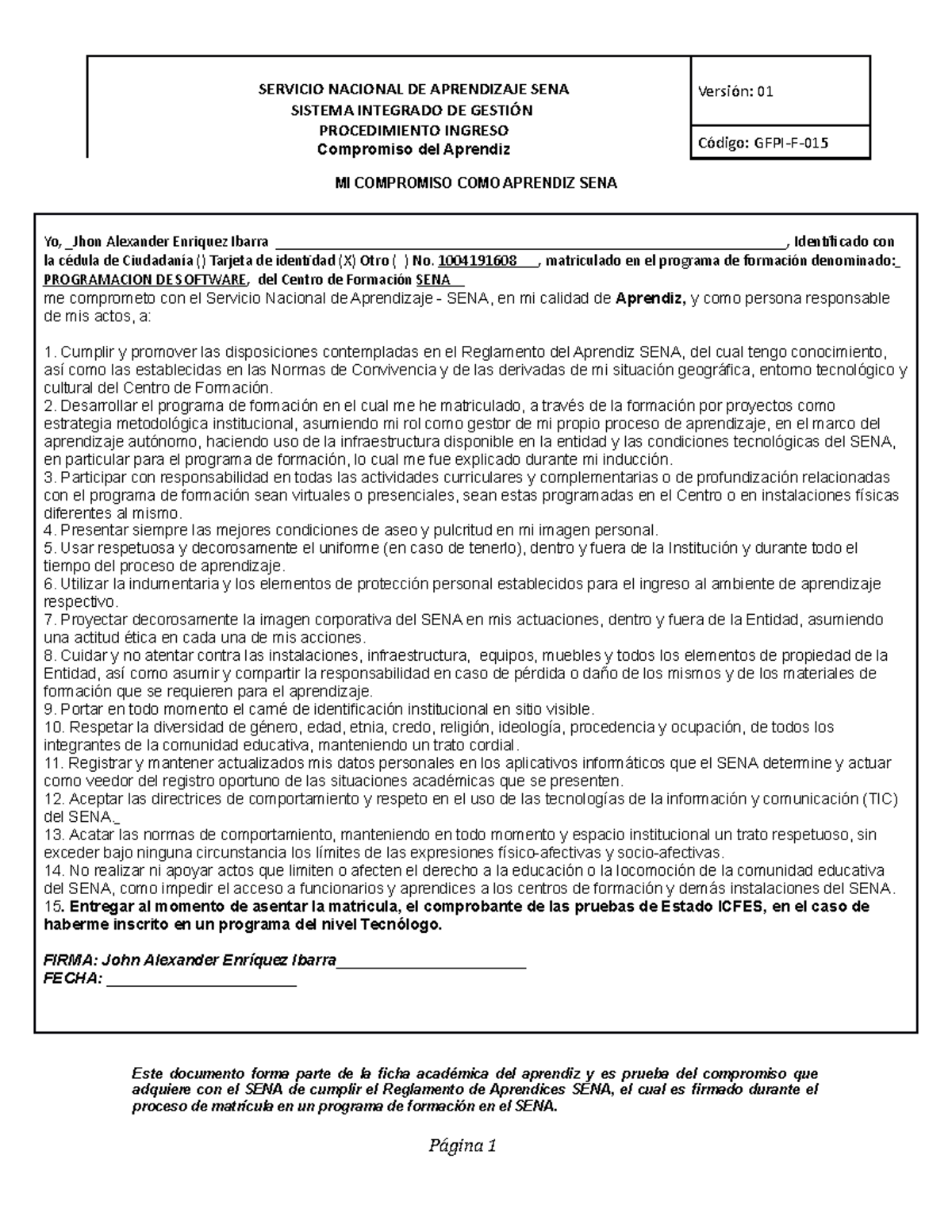 Formato Compromiso del Aprendiz - SERVICIO NACIONAL DE APRENDIZAJE SENA SISTEMA INTEGRADO DE ...