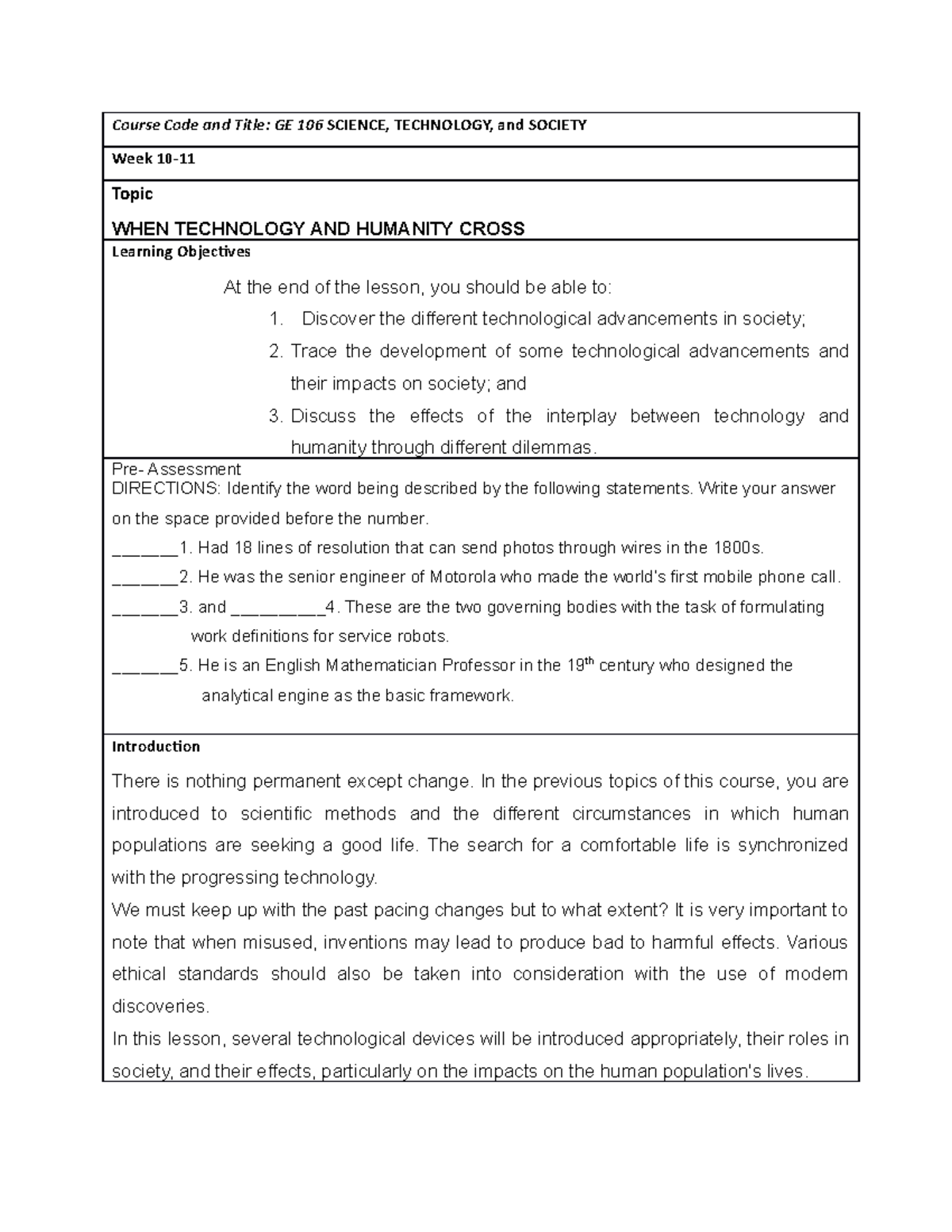 7 - STS WEEK 10-11 - Course Code and Title: GE 106 SCIENCE, TECHNOLOGY, and SOCIETY Week 10 ...