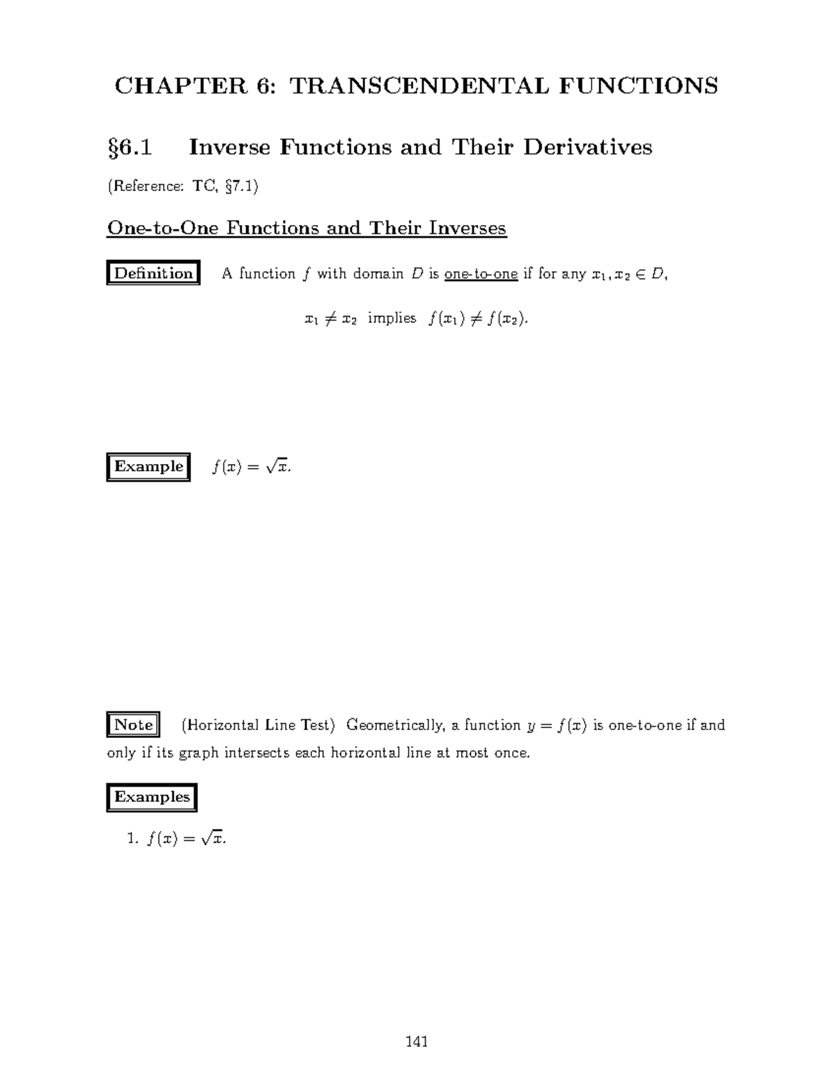 MA1102R 09chap6pt1 - Calculus - CHAPTER 6: TRANSCENDENTAL FUNCTIONS §6 Inverse Functions and ...