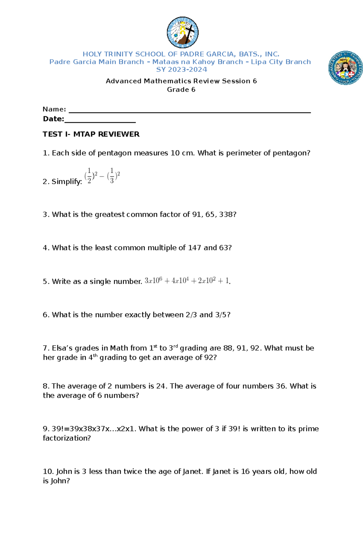 Session 6 Grade 6 Advanced Mathematics Review - HOLY TRINITY SCHOOL OF ...