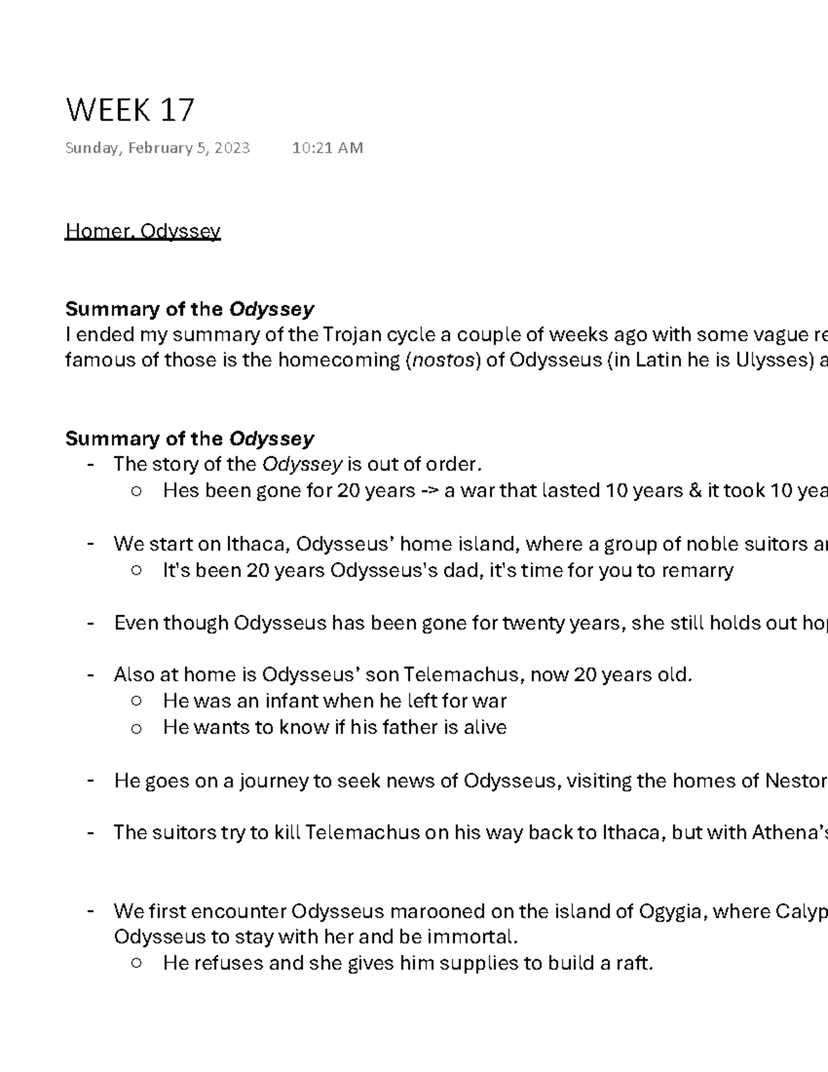 WEEK 17 - Homer, Odyssey - Homer, Odyssey Summary of the Odyssey I ...