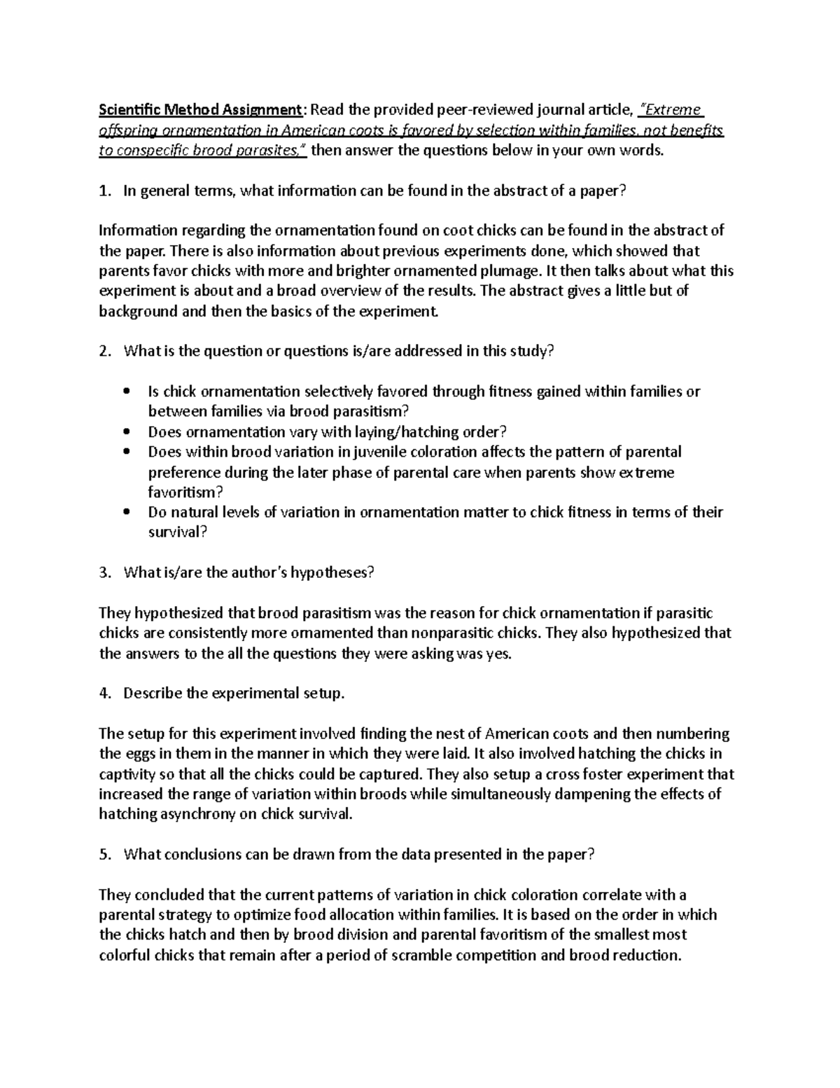 Scientific Method Post-lab Assignment - Scientific Method Assignment ...