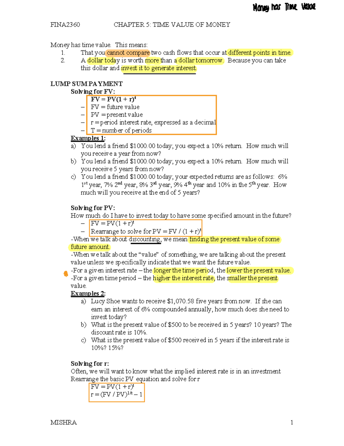Chapter 5 - TIME VALUE OF MONEY - ####### FINA2360 CHAPTER 5: TIME ...