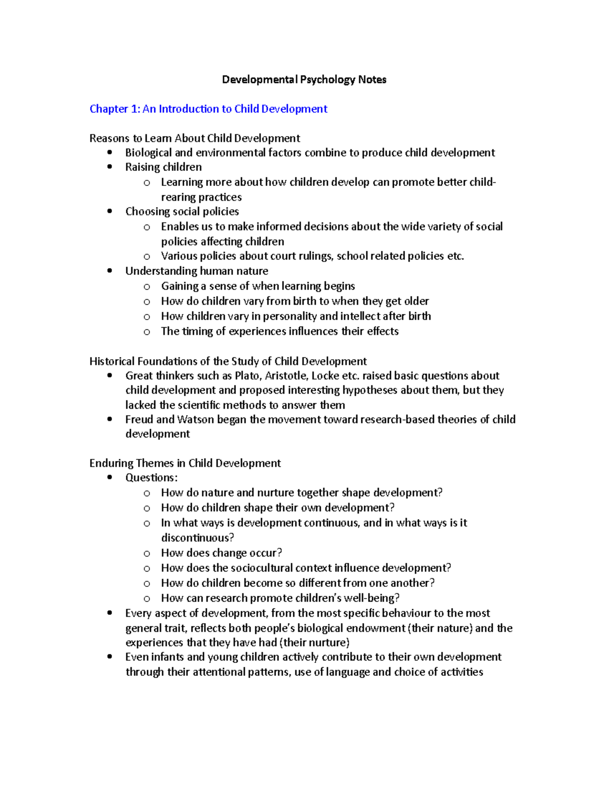 Psych Notes - Developmental Psychology Notes Chapter 1: An Introduction ...