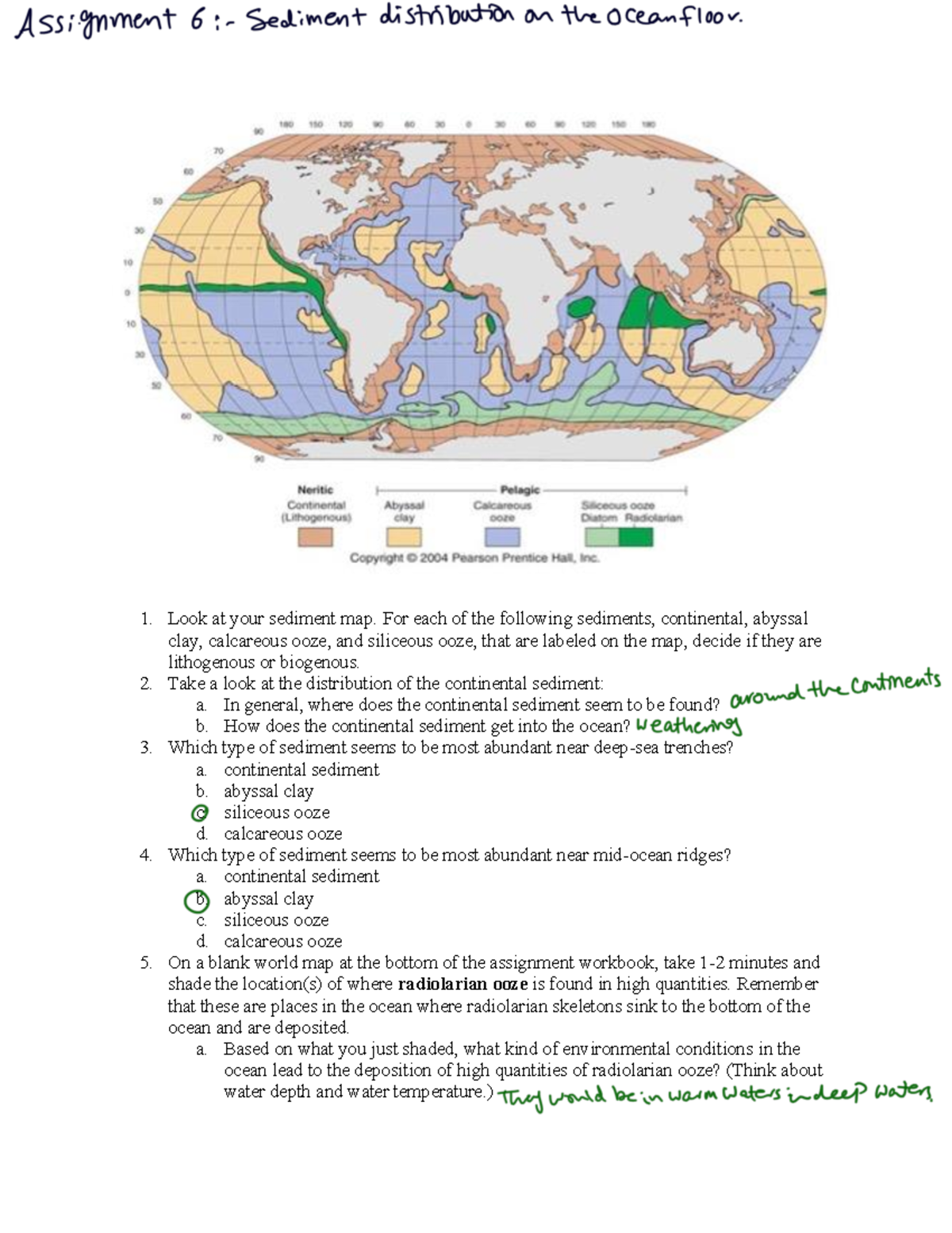 Assignment 6 Sediment Distribution On The Ocean F… Look At Your Sediment Map For Each Of The