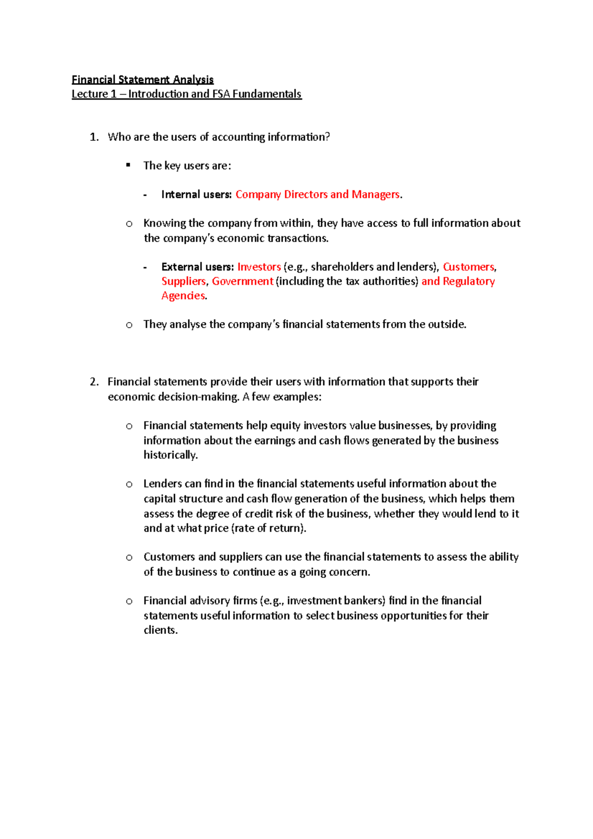 Lecture 1 - Exercise 1 - fsa - Financial Statement Analysis Lecture 1 ...