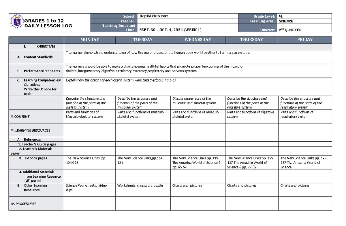 DLL Science 6 Q2 W1 - lecture - GRADES 1 to 12 DAILY LESSON LOG School: DepEdClub Grade Level ...