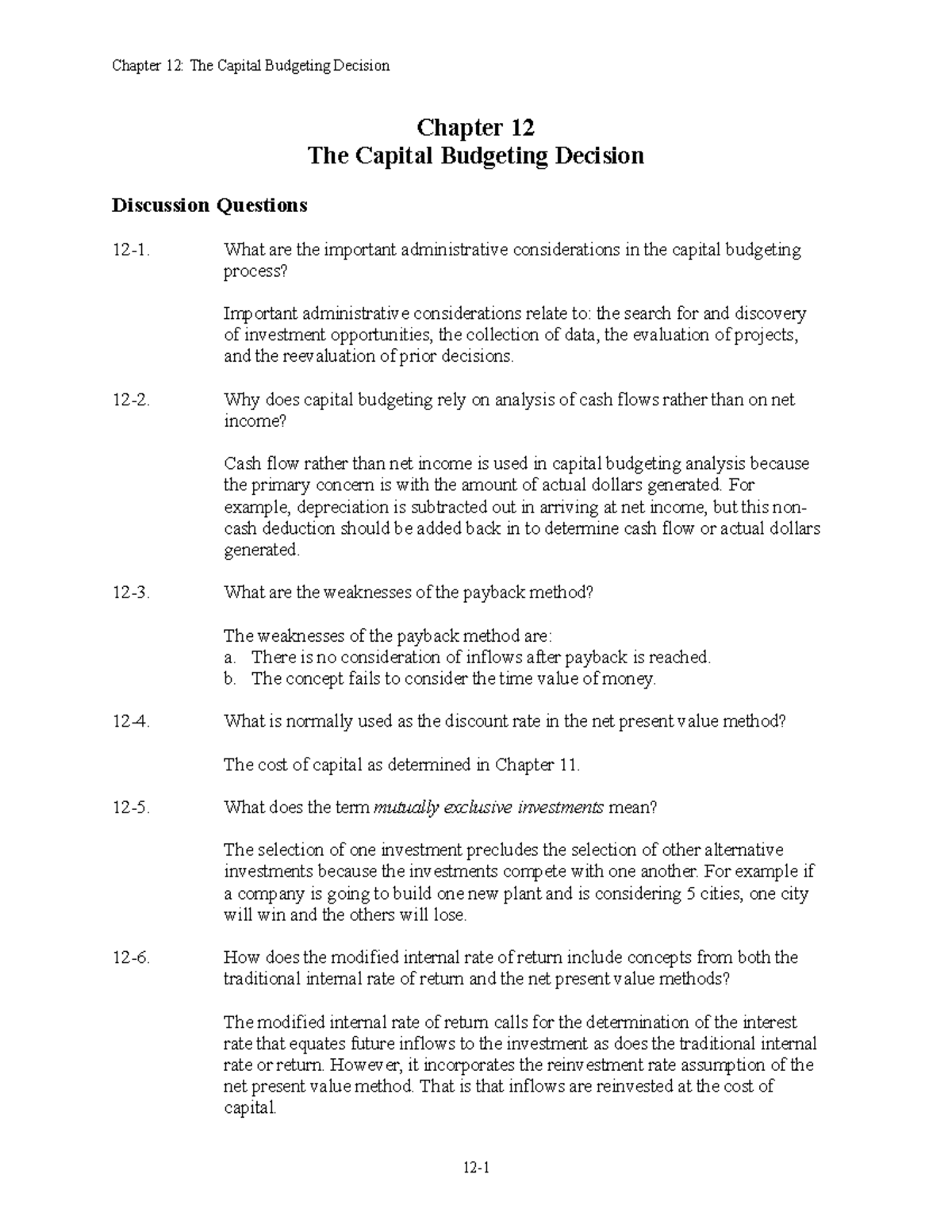 Pdfcoffee - HRM - Chapter 12 The Capital Budgeting Decision Discussion Questions 12-1. What are ...
