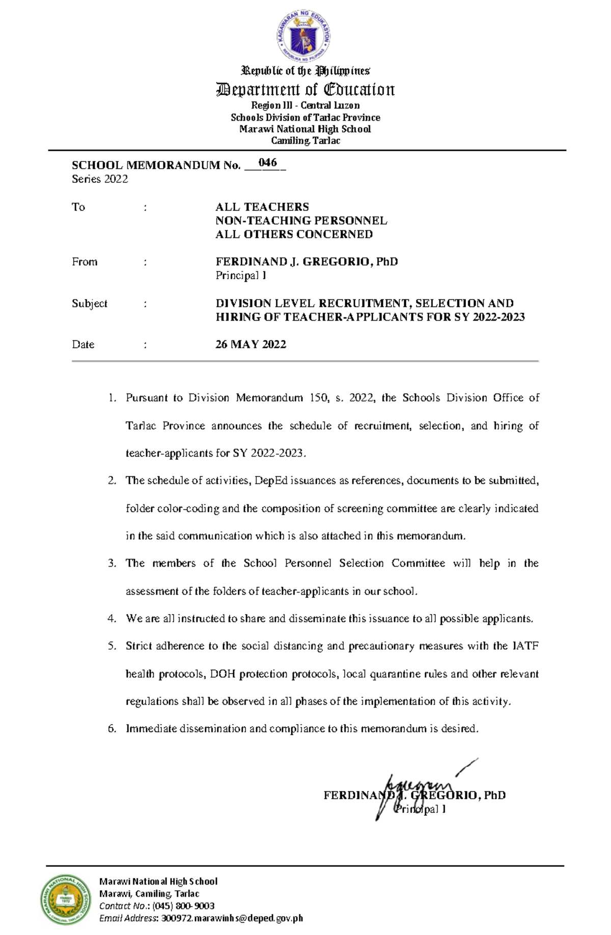 School Memo on Recruitment - Republic of the Philippines Department of ...