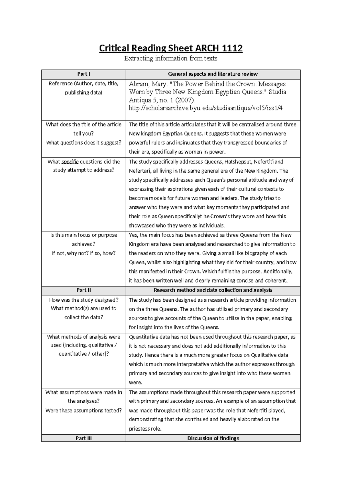 Critical Reading Sheet ARCH 1112 - "The Power Behind the Crown ...