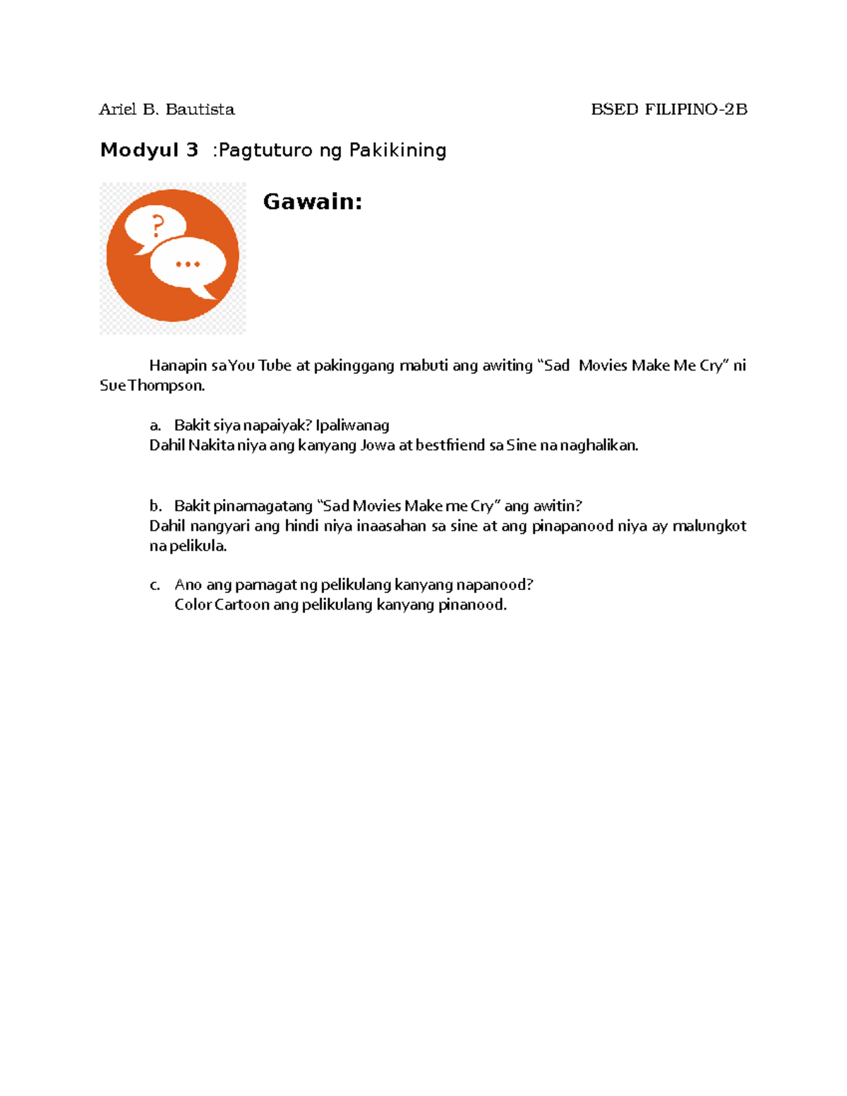 Fil 105 Modyul 3 - 2021 fILIPINIDJSODSUDS - Ariel B. Bautista BSED FILIPINO-2B Modyul 3 ...