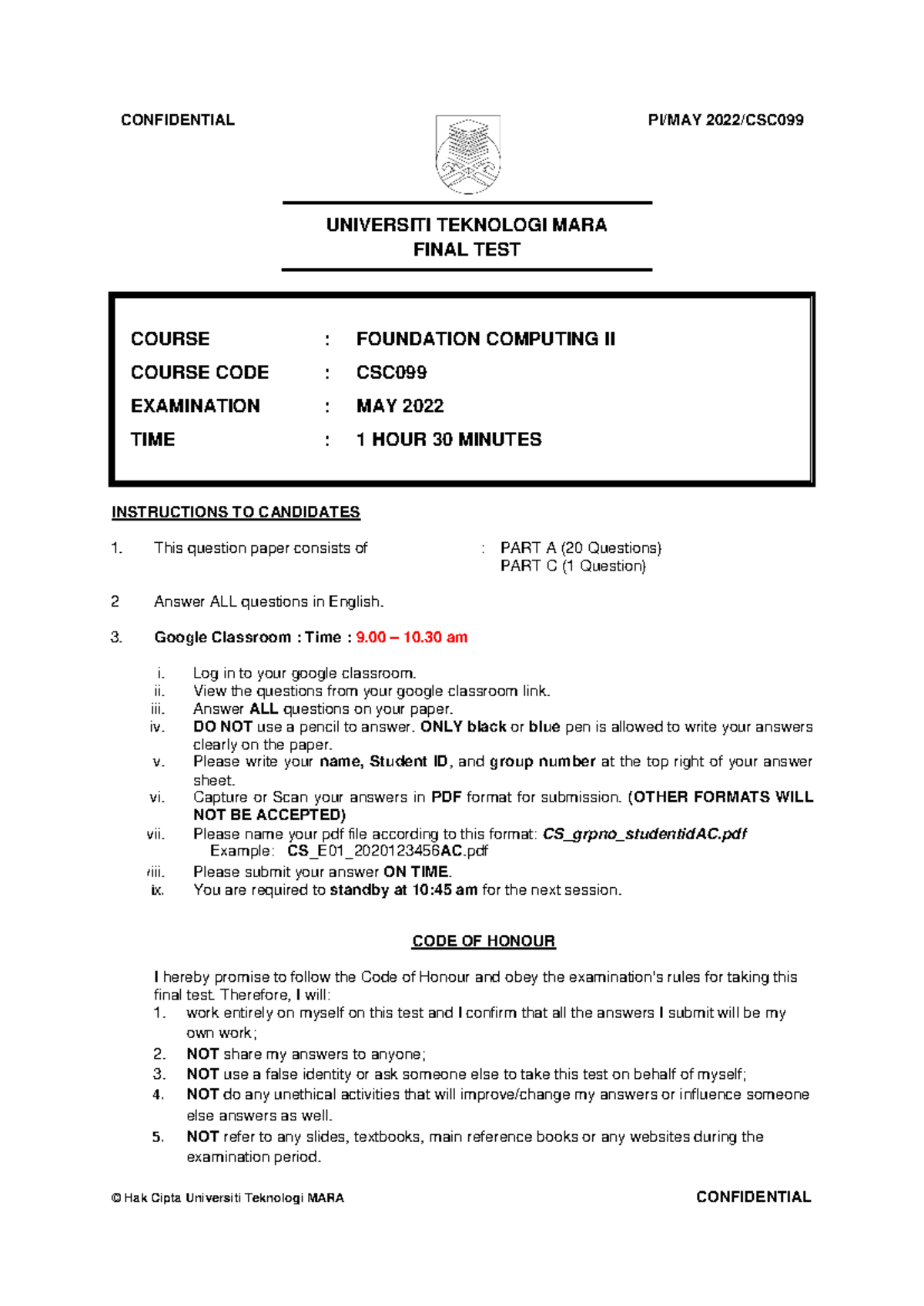 CSC099 Ujian Akhir Mei 2022 Part A C - UNIVERSITI TEKNOLOGI MARA FINAL ...