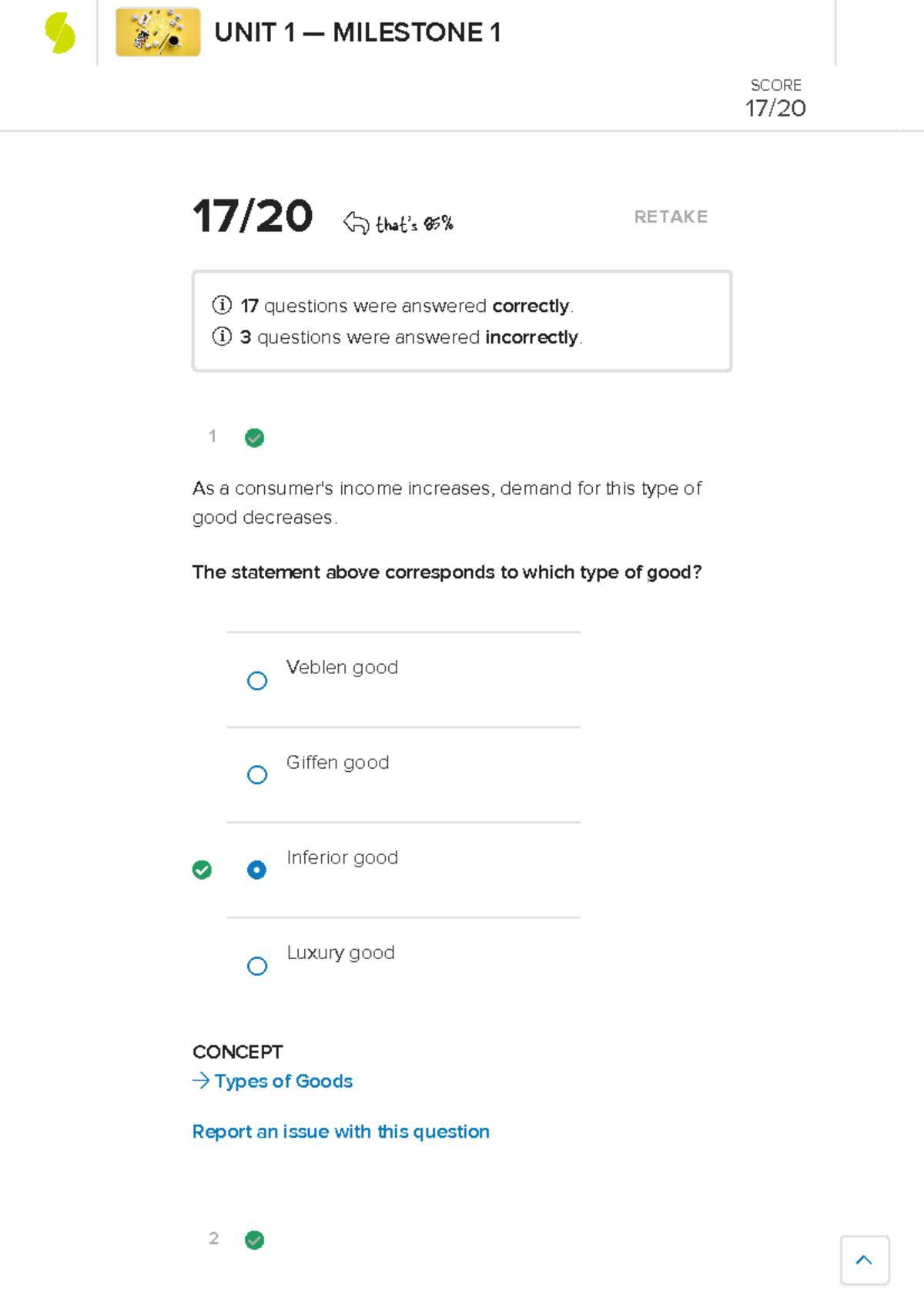 Milestone 1 Welcome - 1 CONCEPT Types of Goods 2 17/20 that's 85% ...