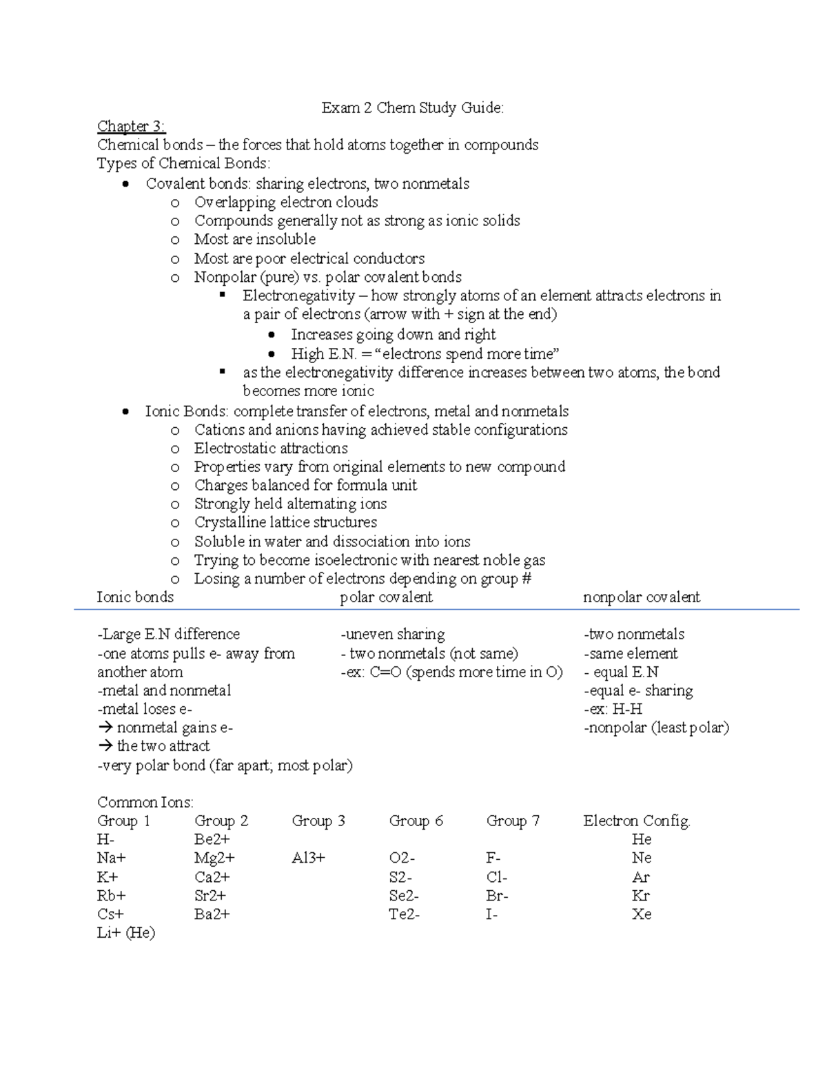 Exam 2 Study Guide - Exam 2 Chem Study Guide: Chapter 3: Chemical bonds ...