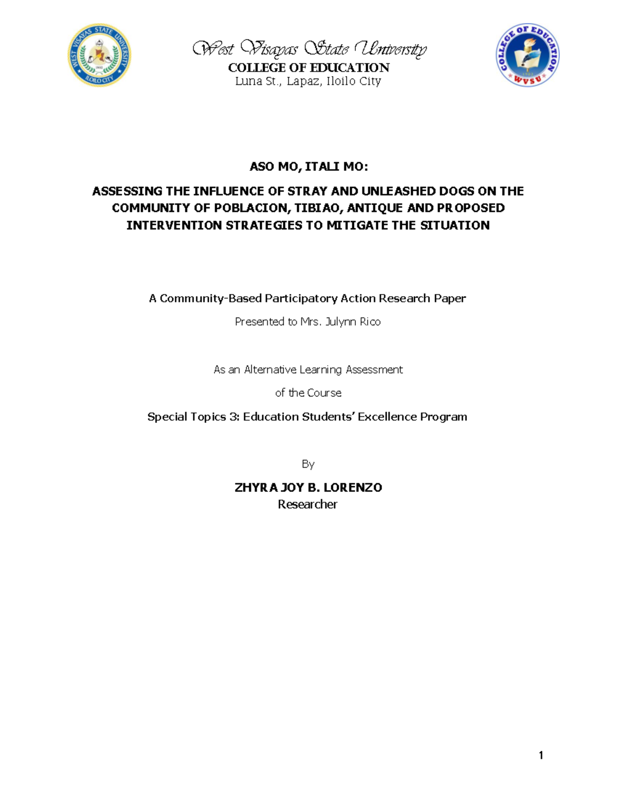 Lorenzo - ASO MO, Itali MO - COLLEGE OF EDUCATION Luna St., Lapaz ...