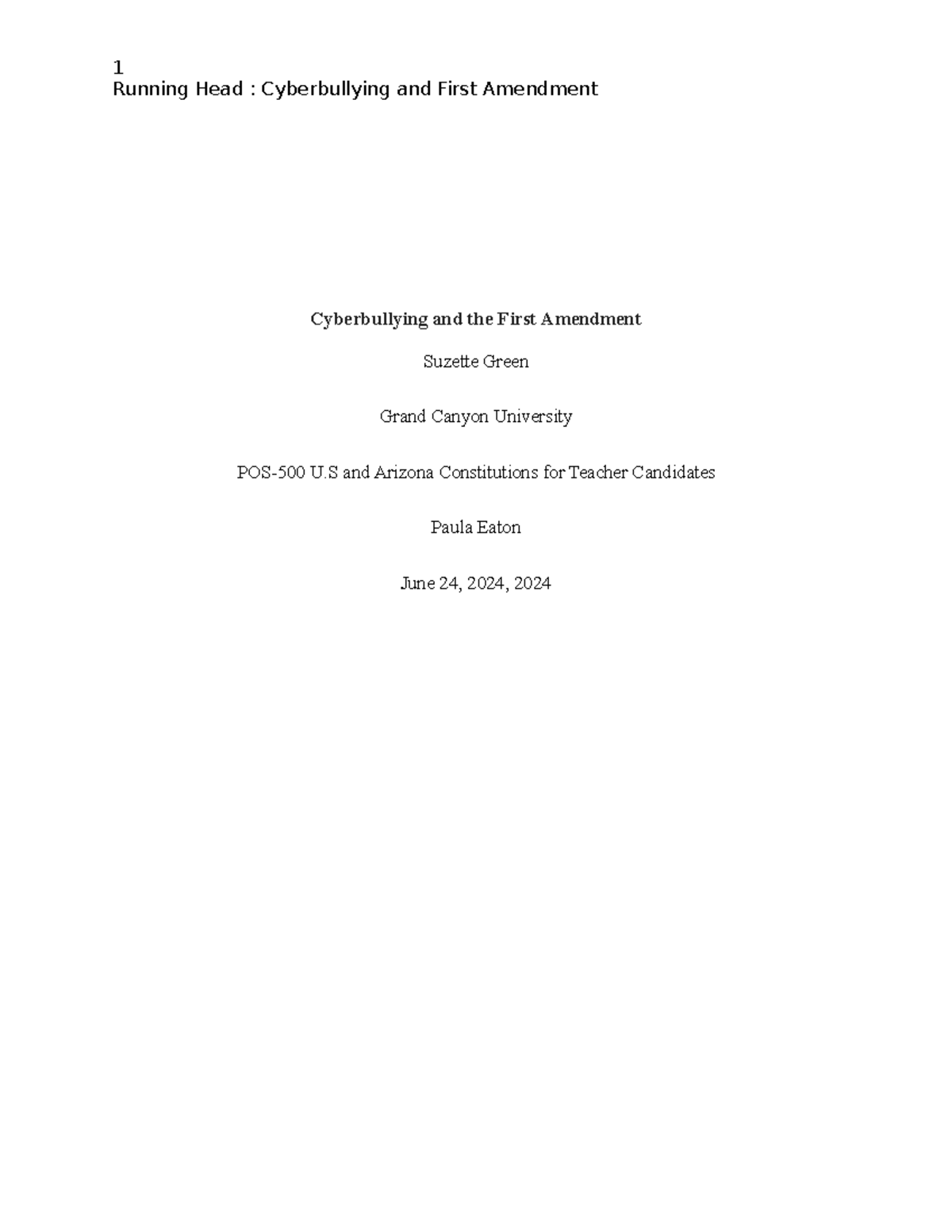 Cyberbullying and the First Amendment - Running Head : Cyberbullying ...