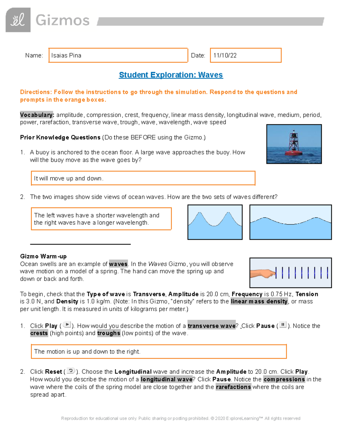 Waves Gizmo - Name: Isaias Pina Date: 11/10/ Student Exploration: Waves ...