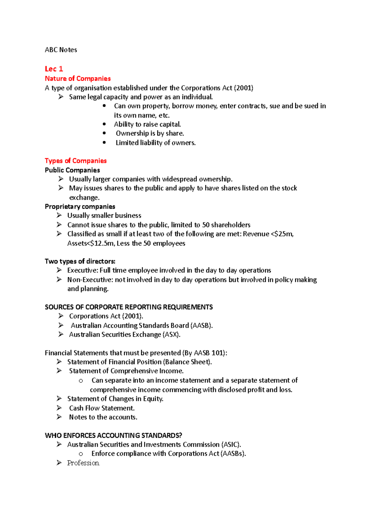 ABC Notes lec 1 - ABC Notes Lec 1 Nature of Companies A type of ...