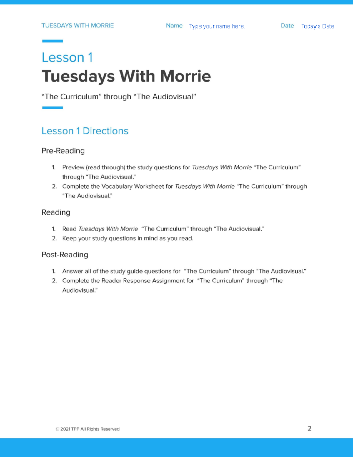 Copy of Lesson 1 -Tuesdays with Morrie - Type your answer here. Type ...