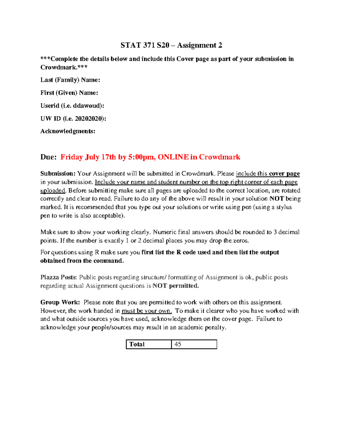 STAT 371 S20 AS2 - Assignment 2 - STAT 371 S20 – Assignment 2 Complete the details below and ...