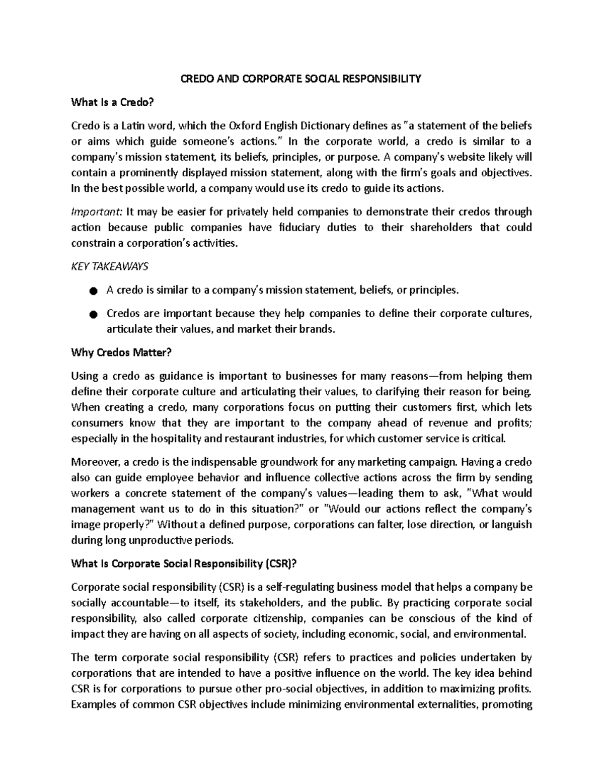 Credo and CSR Narrative Report - CREDO AND CORPORATE SOCIAL ...