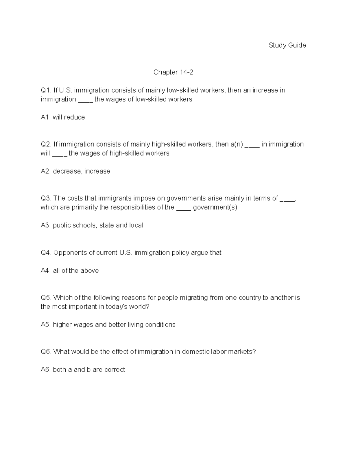 Economics ch14-2 study guide - Study Guide Chapter 14- Q1. If U ...
