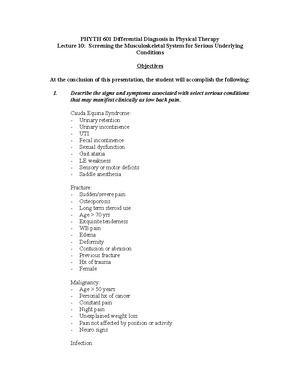 Final Exam SG copy - MSK Screening The Low Back Serious Conditions ...