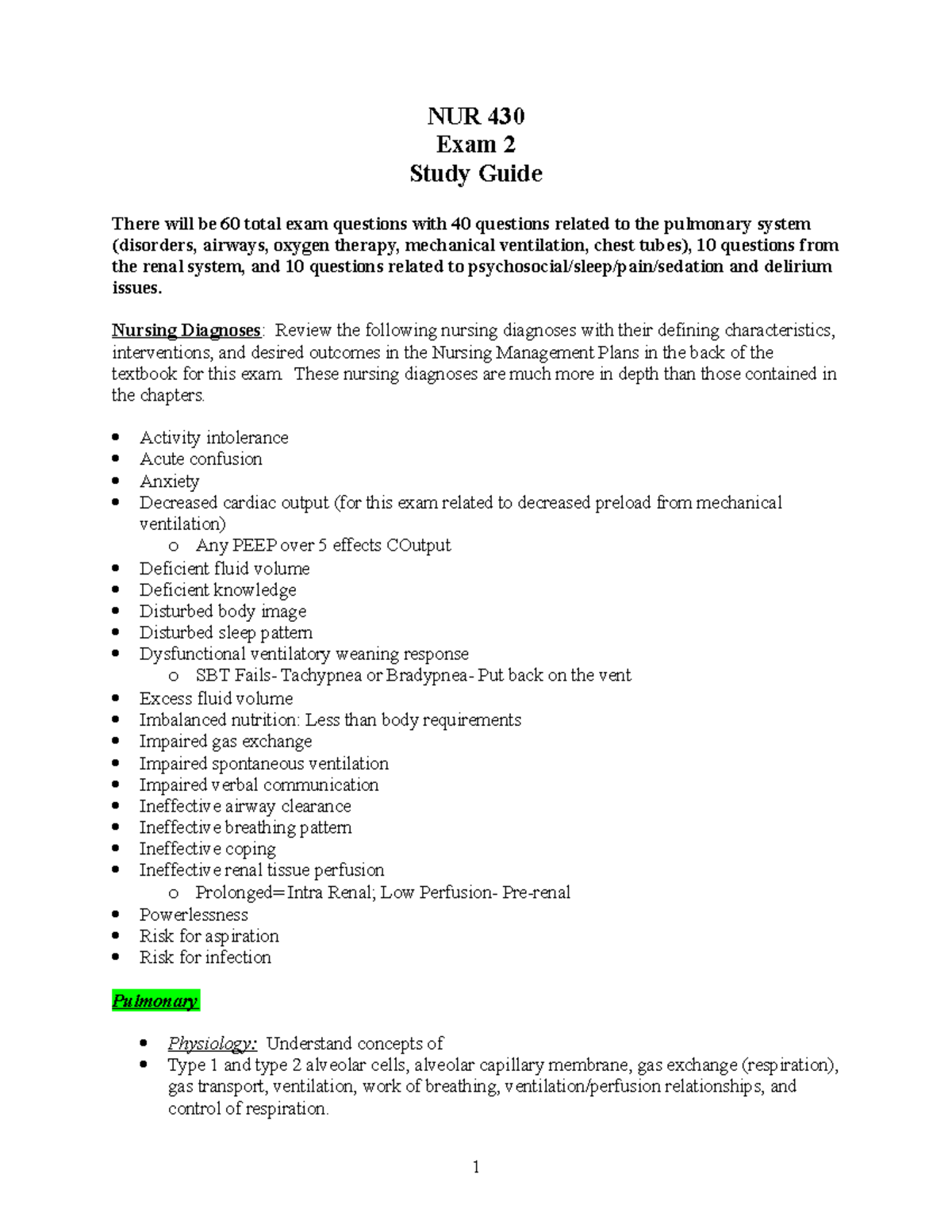 NUR 430 Exam 2 Studyguide 3 - NUR 430 Exam 2 Study Guide There will be ...