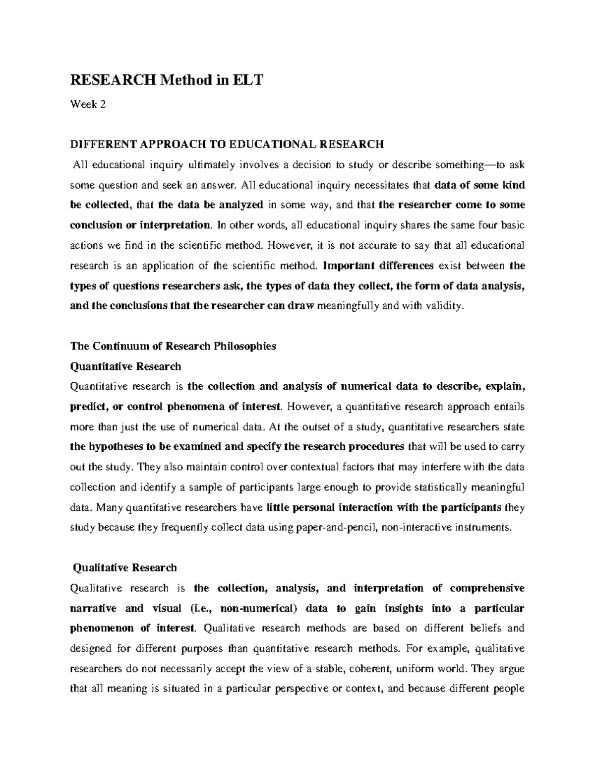 Week 2 Research approaches - RESEARCH Method in ELT Week 2 DIFFERENT ...