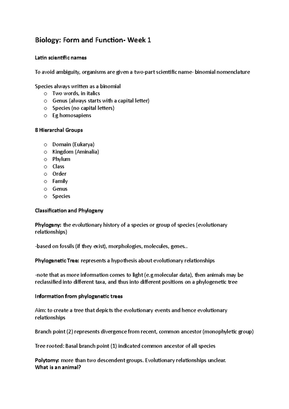 Biology Week 1 - Lecture notes Week 1 - Biology: Form and Week 1 Latin ...