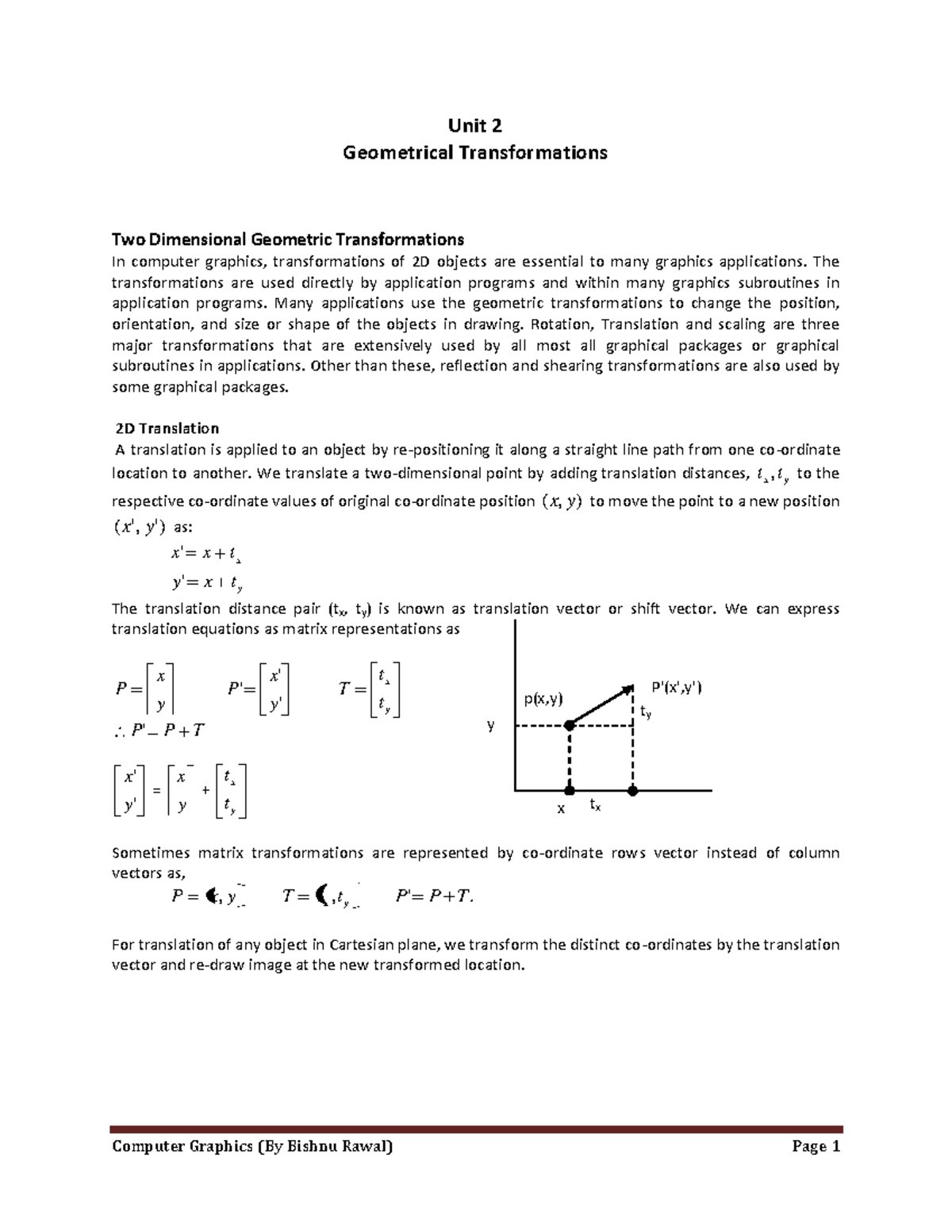 Unit 2 - Computer Graphics - Unit 2 Geometrical Transformations Two Dimensional Geometric - Studocu
