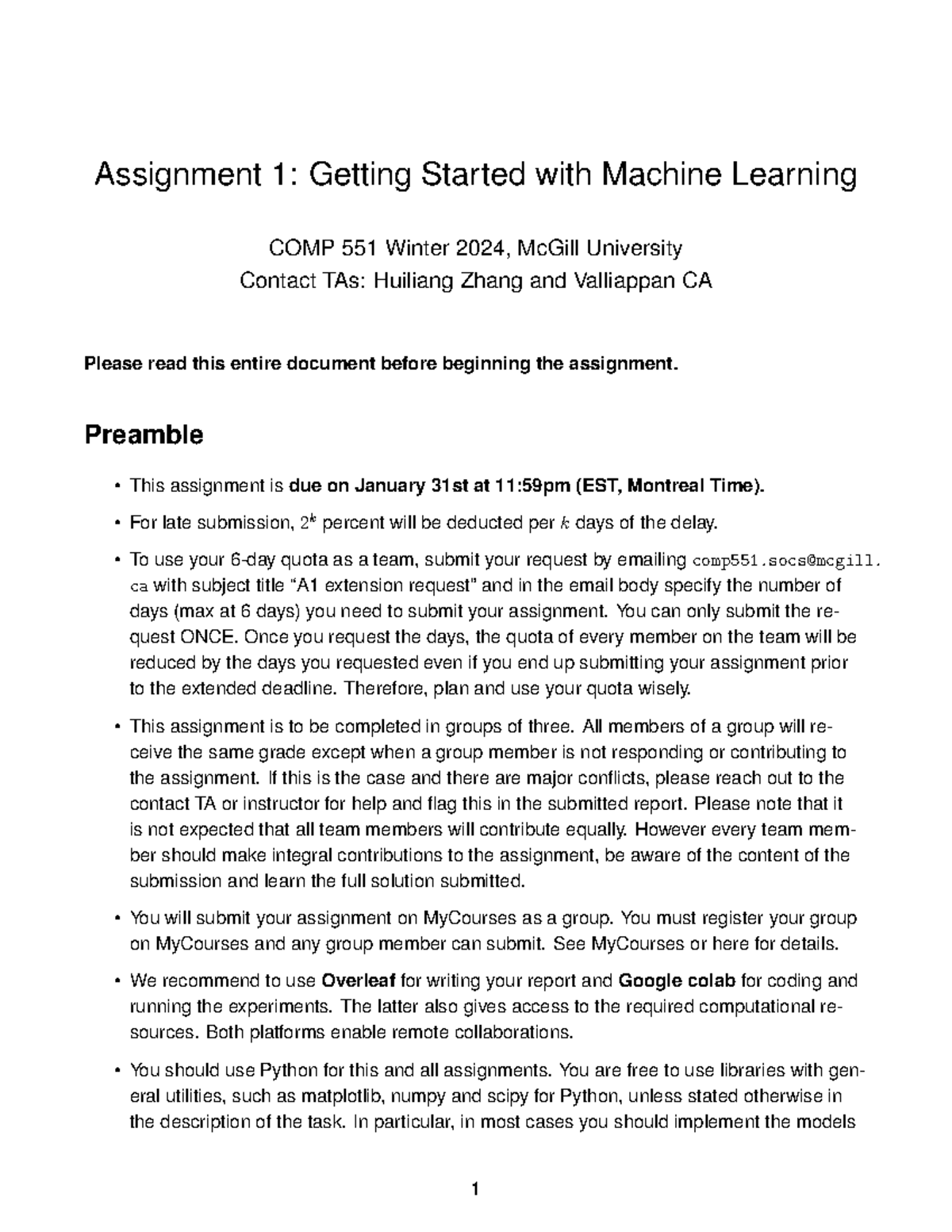 COMP 551 Winter 2024 Assignment 1 (updated on Jan 23) - Assignment 1 ...