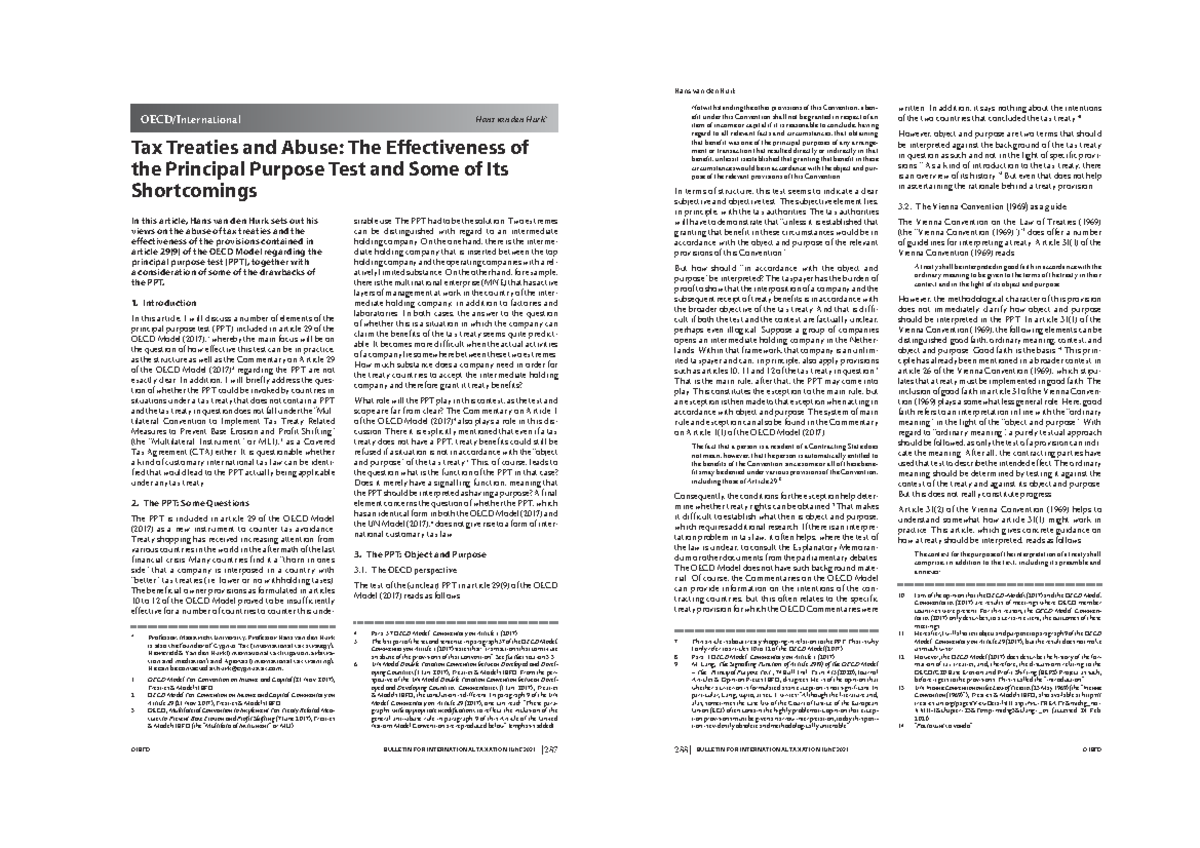 PPT van Hurk - Principal purpose test additional reading - Tax Treaties ...