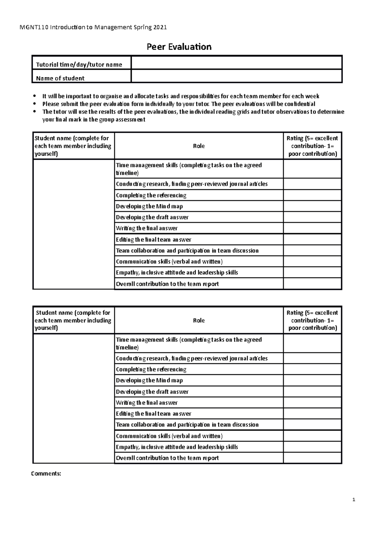 Peer Evaluation Form- Spring 2021 - MGNT110 Introduction to Management ...