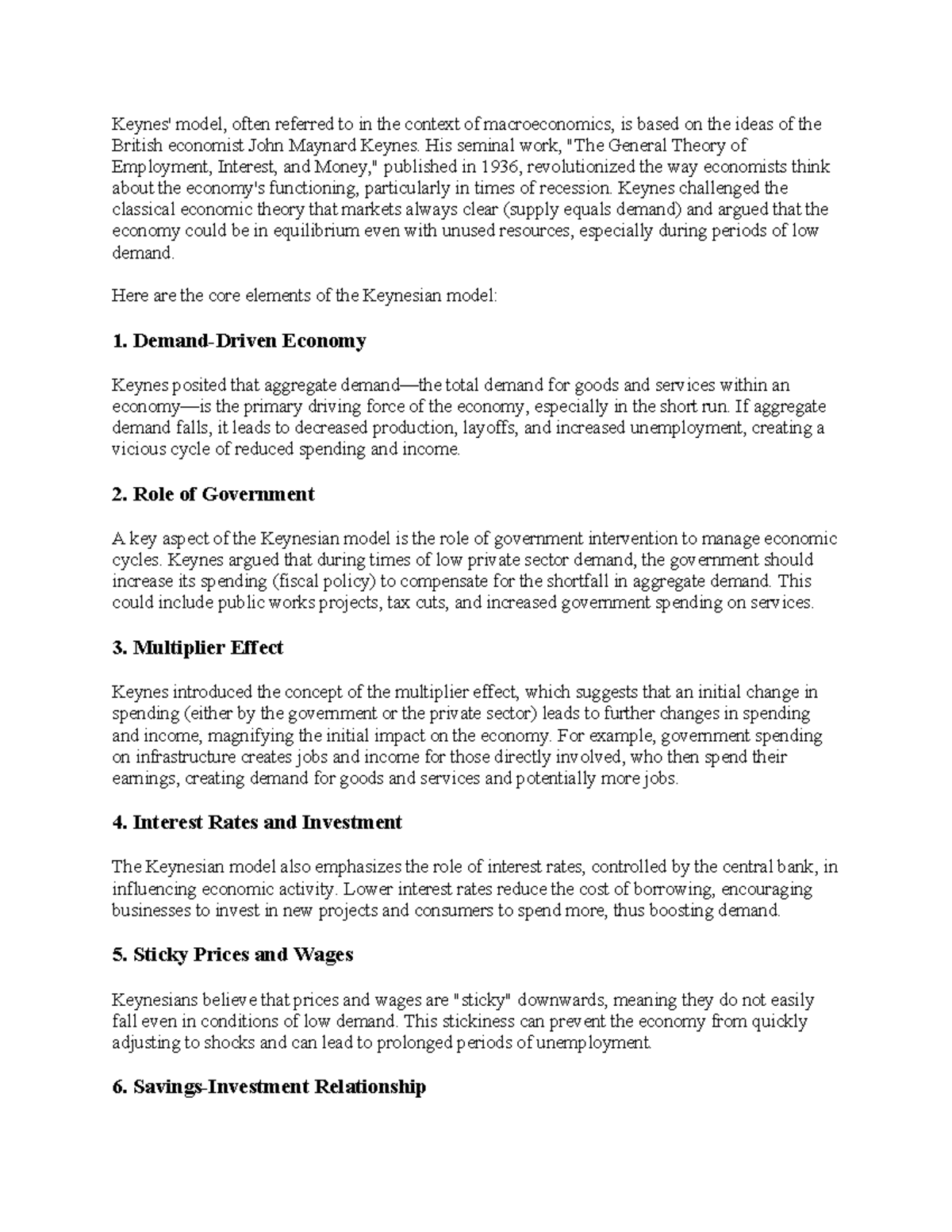 Keyes - Sammendrag Makroøkonomisk analyse - Keynes' model, often ...