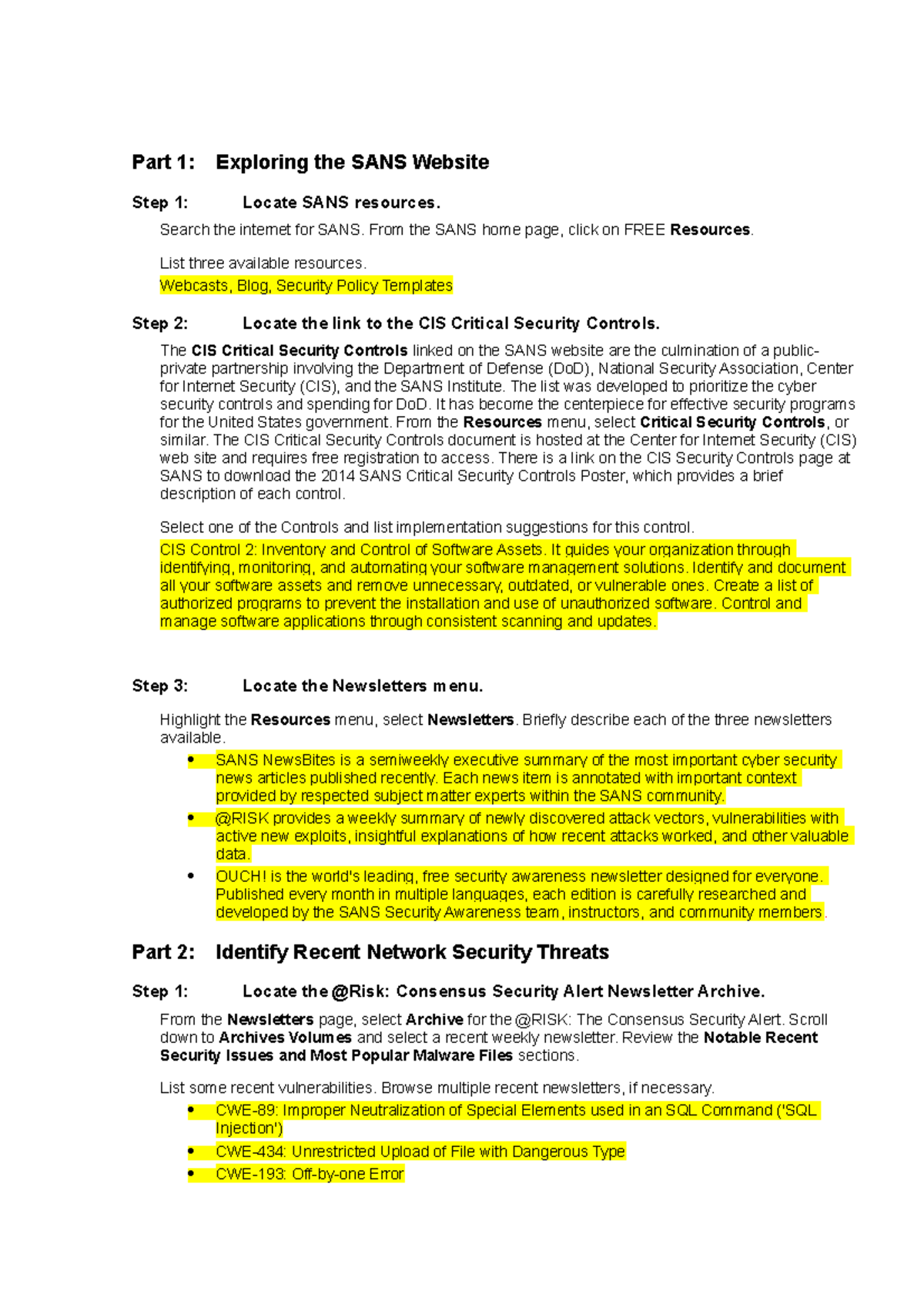 Lab 15 - Part 1: Exploring the SANS Website Step 1: Locate SANS ...